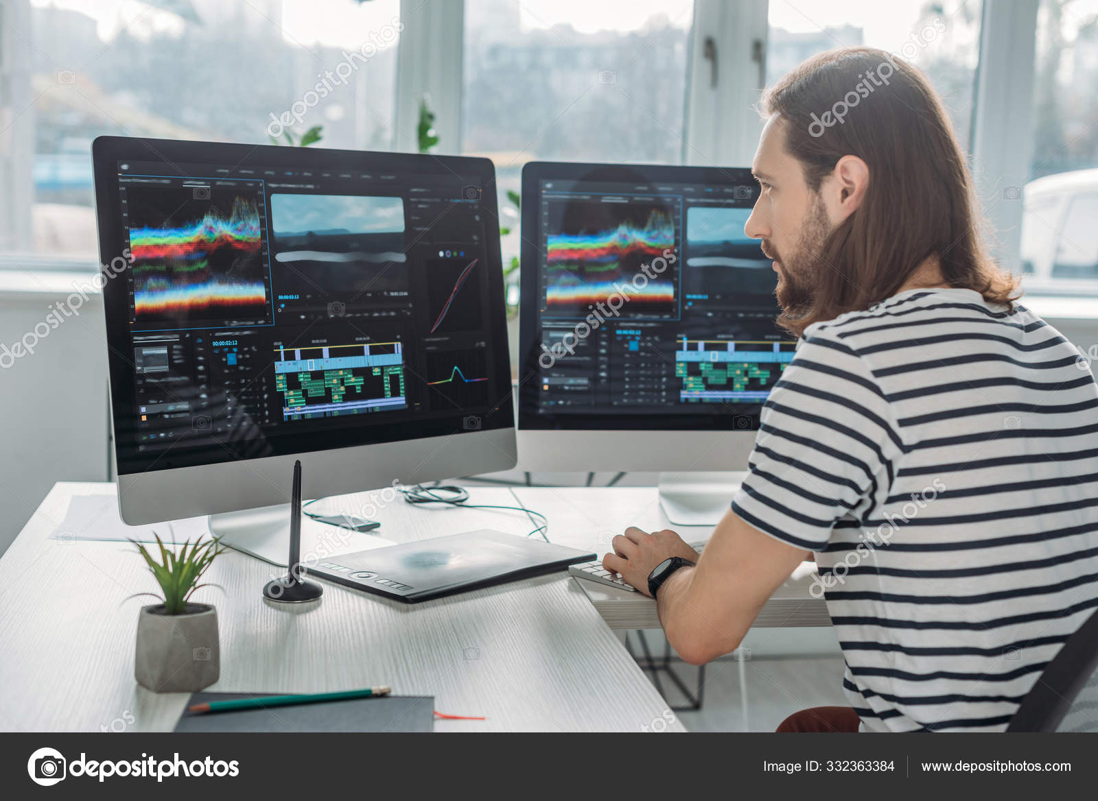 Handsome Editor Sitting Working Computer Monitors — Stock Photo ...