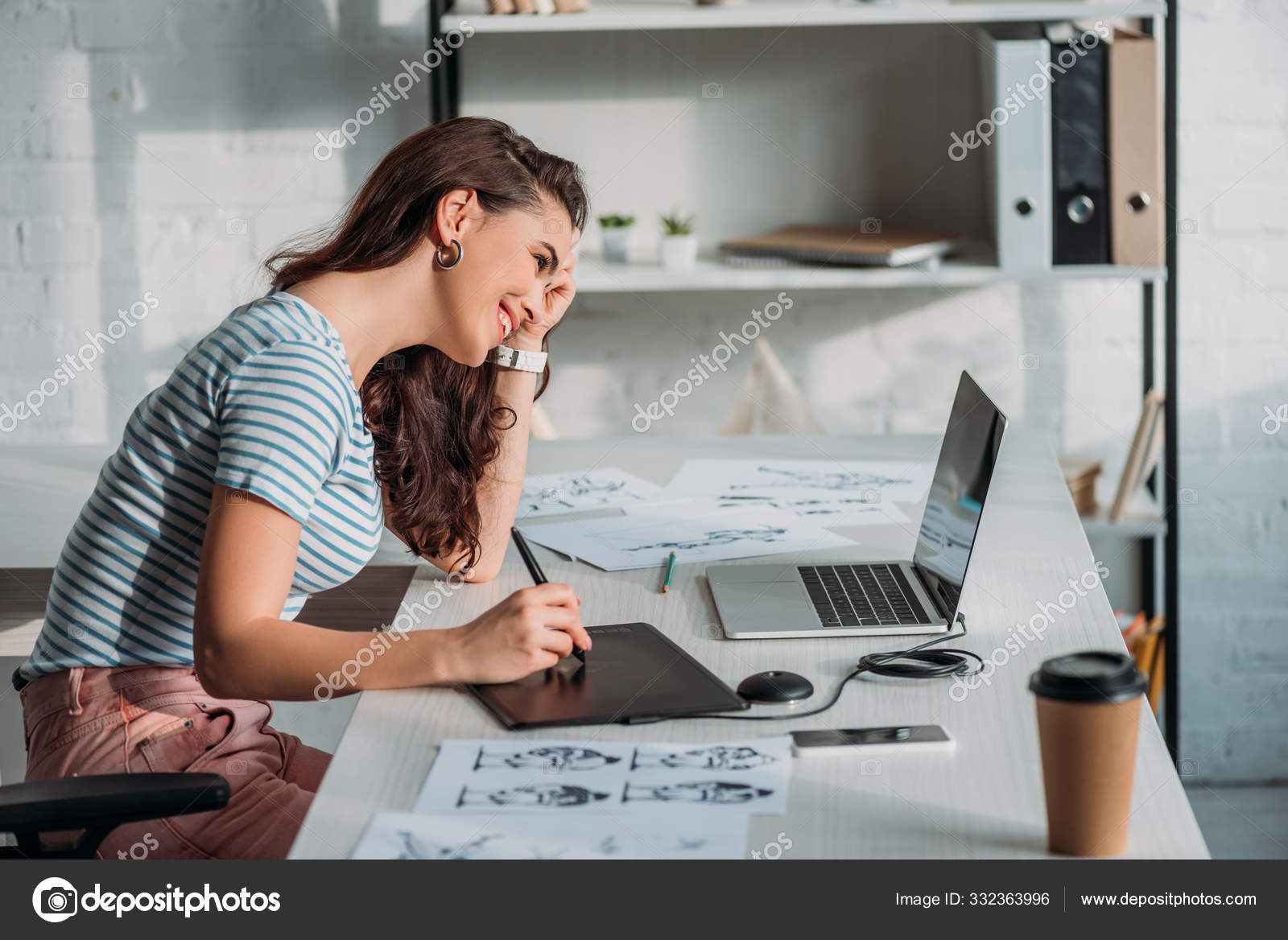 Side View Happy Animator Using Digital Tablet Sketches Stock Photo by ...