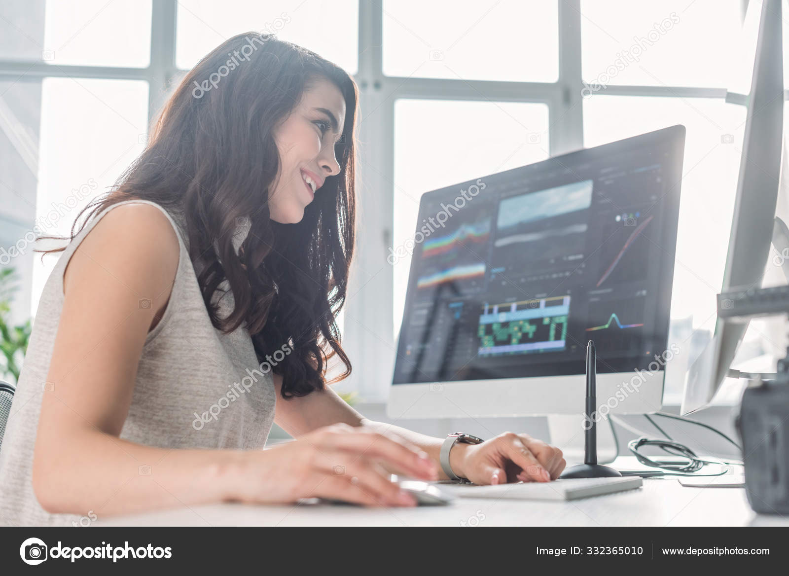 Selective Focus Happy Woman Working Studio Computer Monitor — Stock ...
