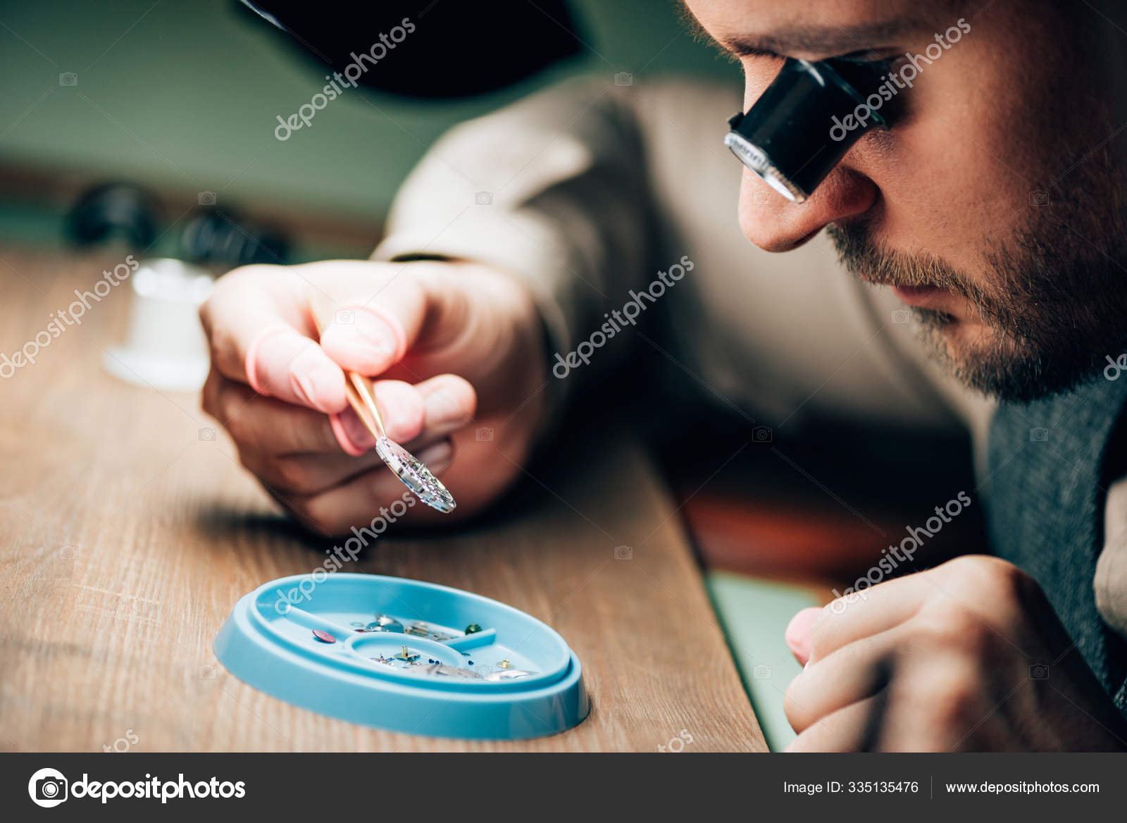 Side View Watchmaker Holding Watch Part Tool Tray Table — Stock Photo ...