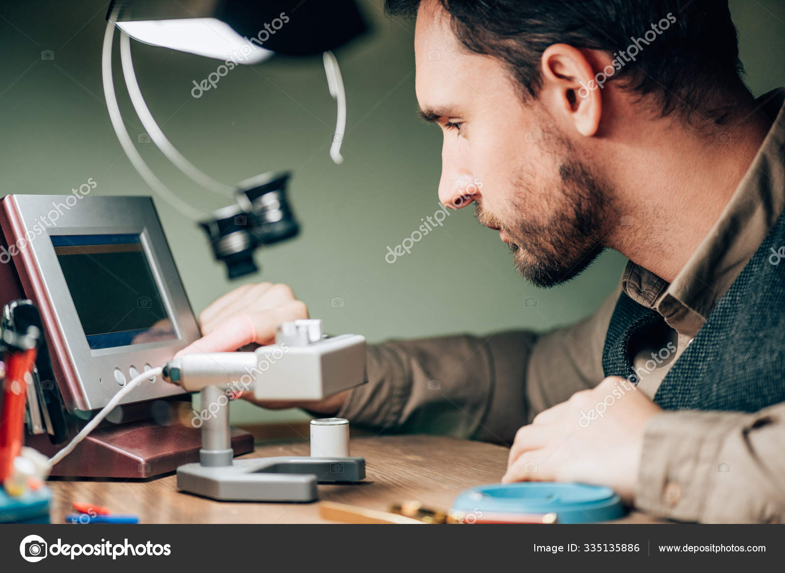 Side View Watchmaker Using Timegrapher While Working Table Stock Photo ...