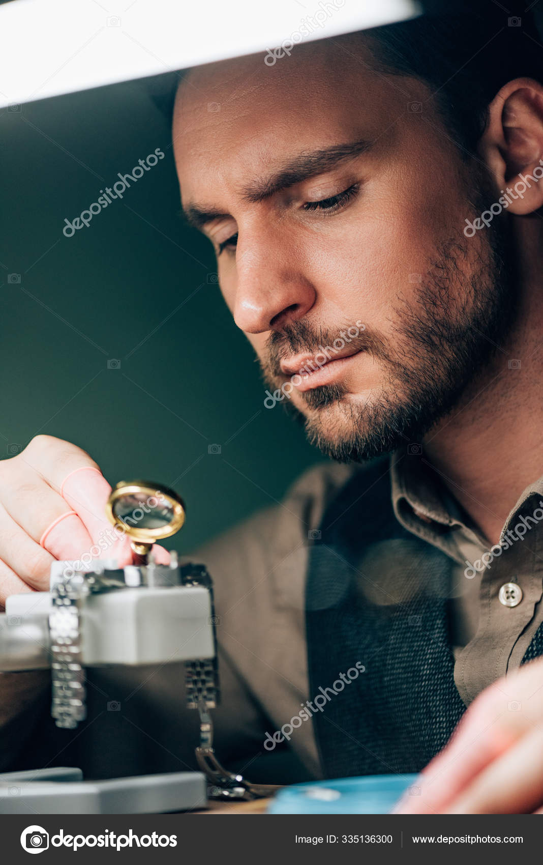 Selective Focus Handsome Watchmaker Working Magnifying Glass Wristwatch ...