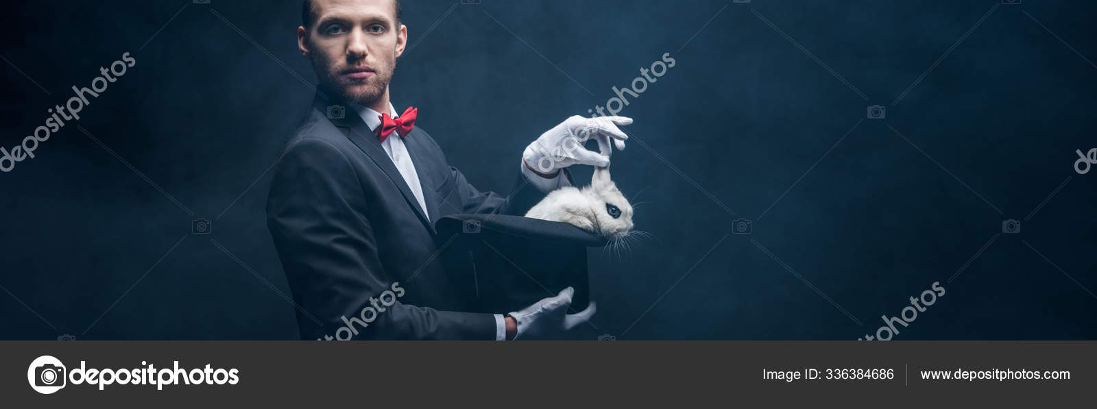 Panoramic Shot Young Magician Suit Showing Trick White Rabbit Hat ...