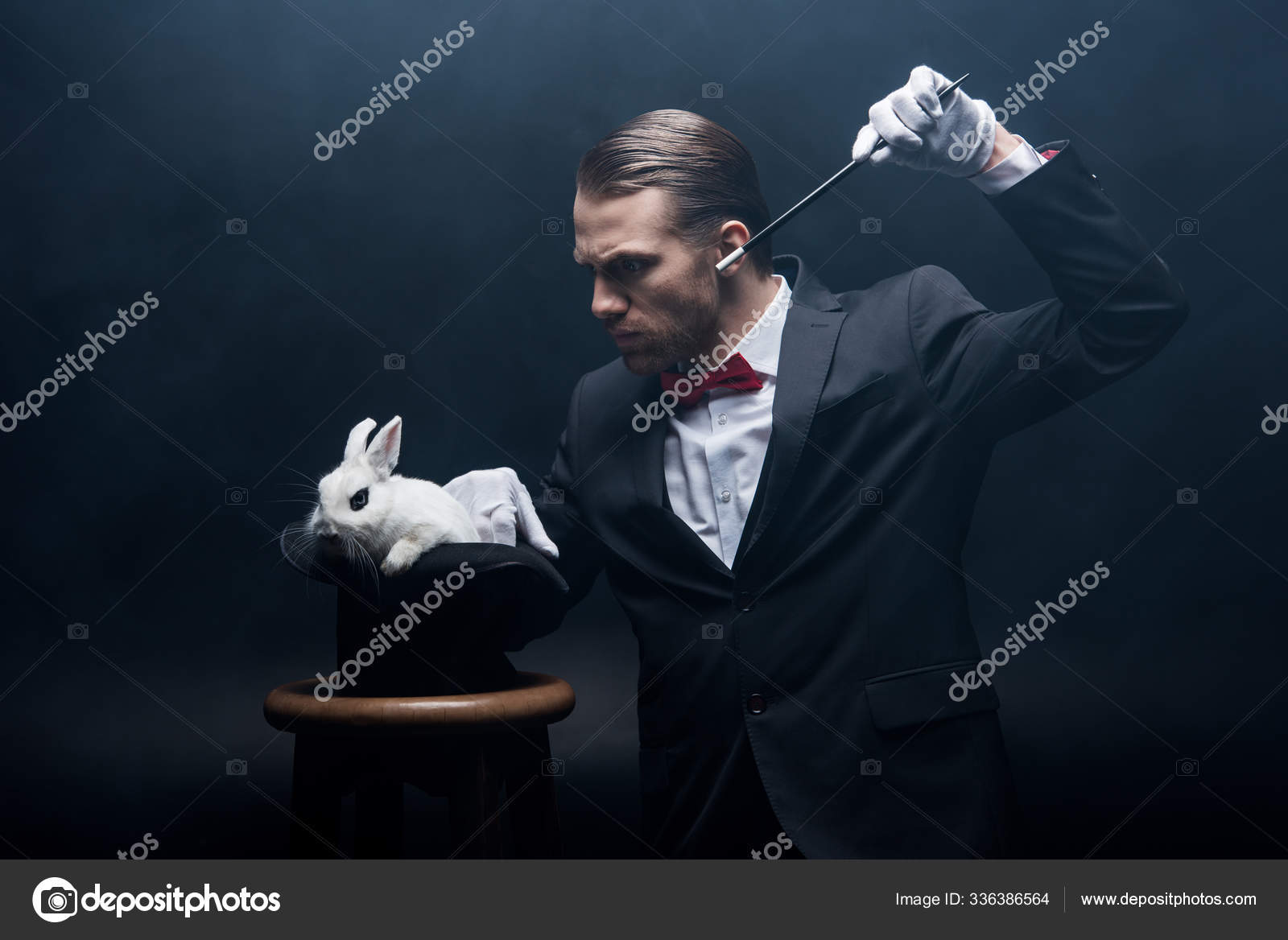 Concentrated Magician Suit Showing Trick Wand White Rabbit Hat Dark ...