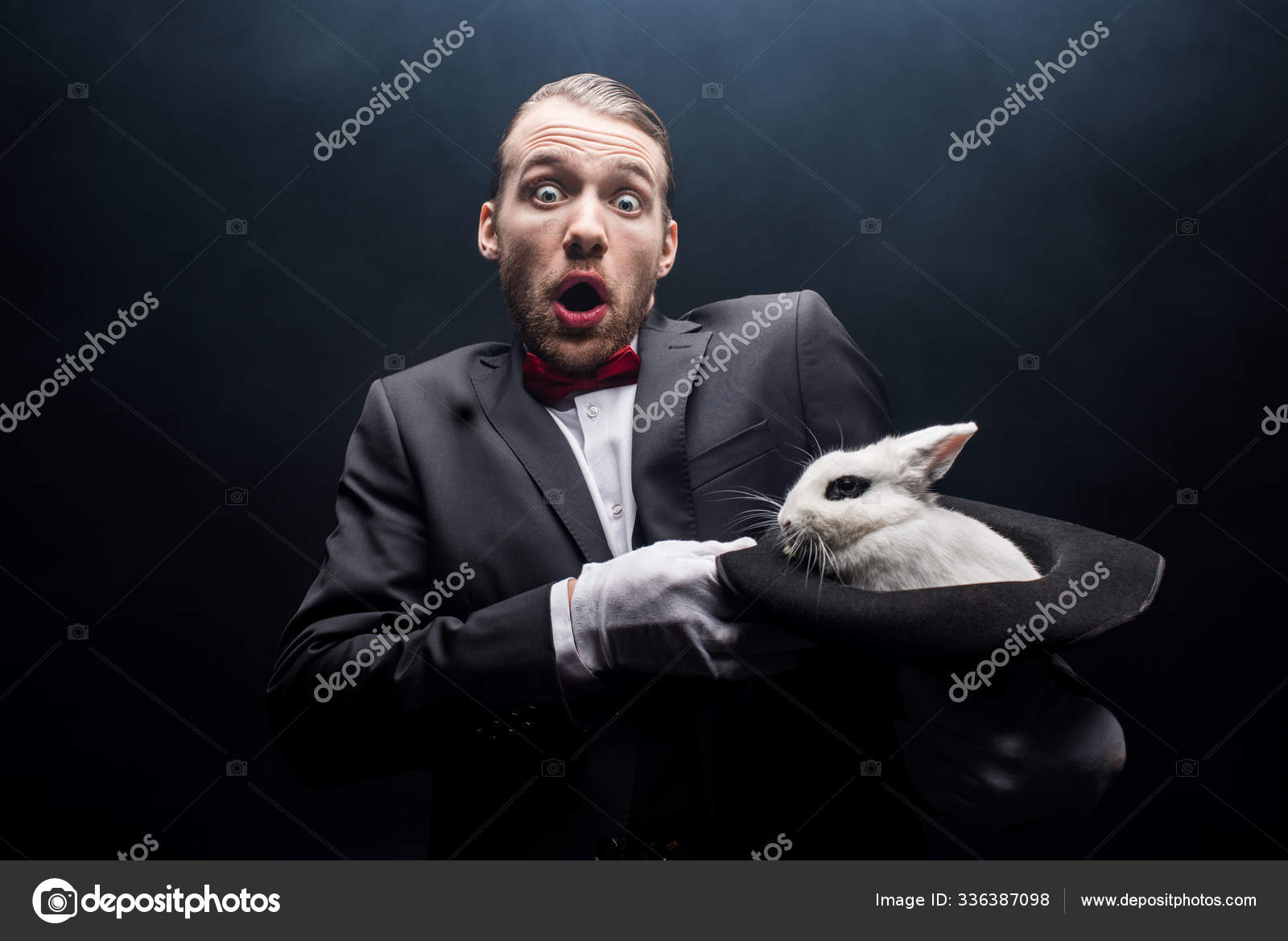 Shocked Magician Holding White Rabbit Hat Dark Room Smoke — Stock Photo ...