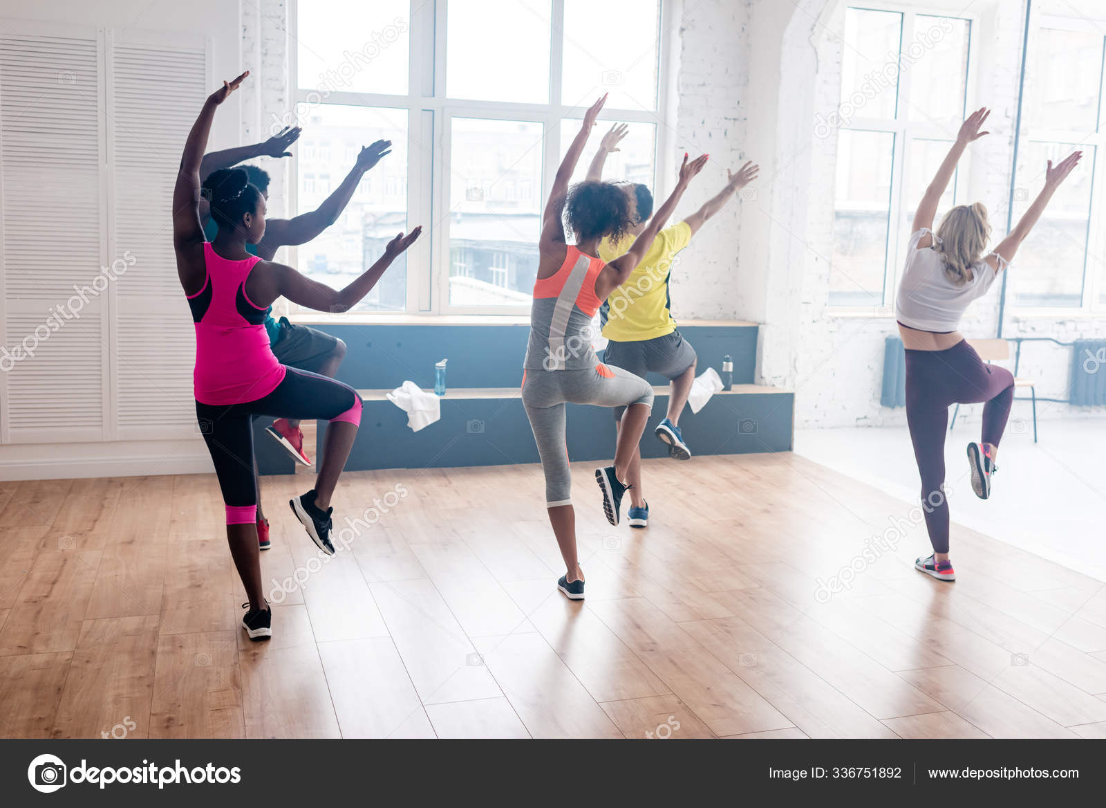 Back View Multicultural Dancers Exercising Zumba Dance Studio — Stock ...