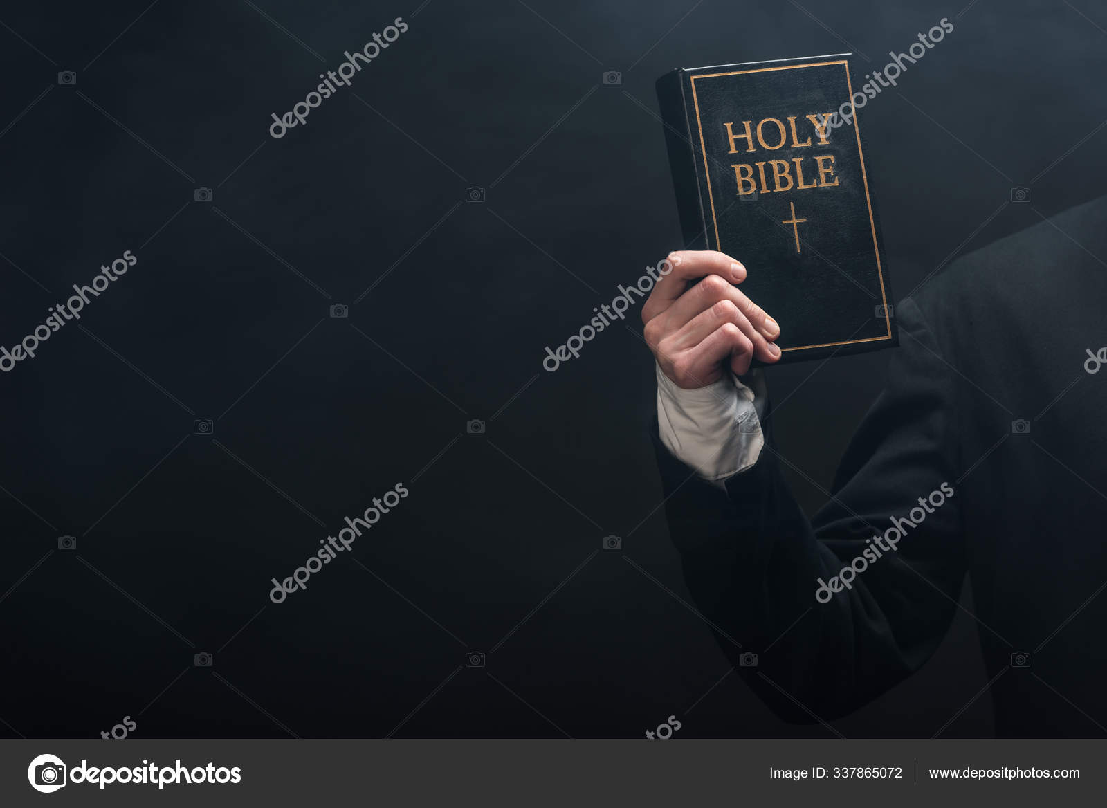 Cropped View Catholic Priest Holding Holy Bible Isolated Black — Stock ...