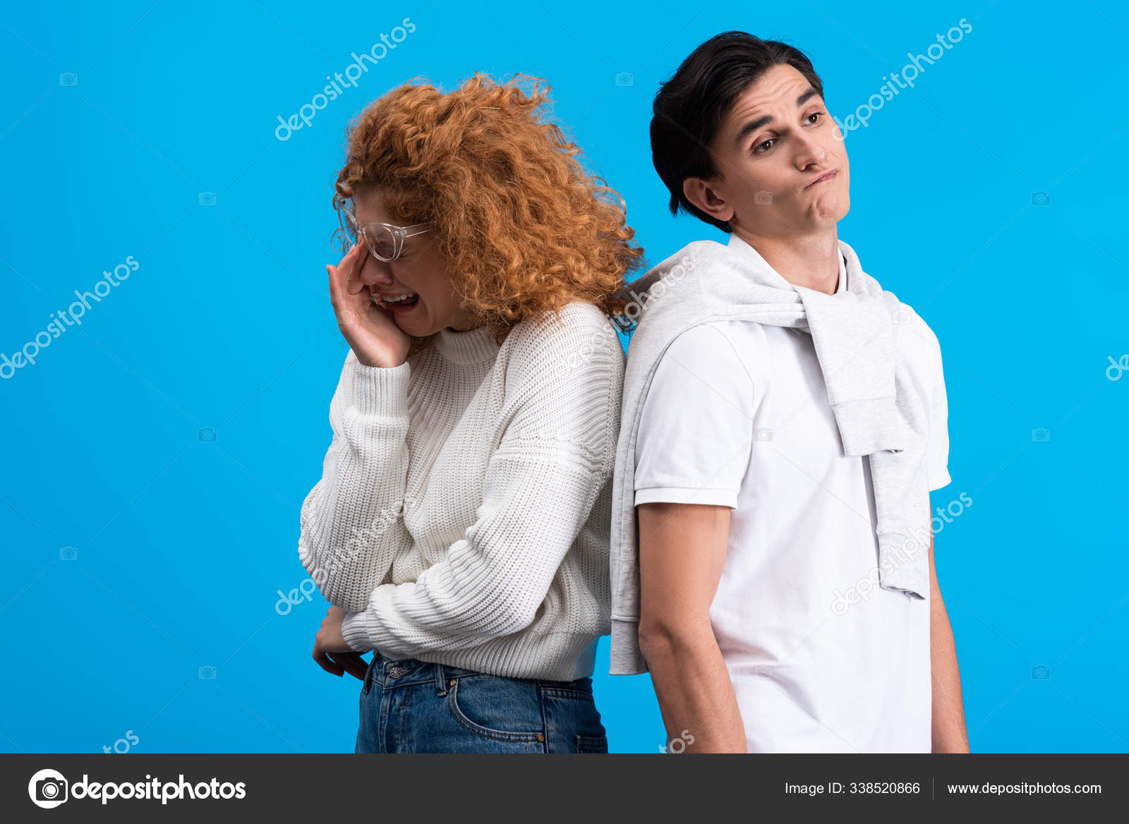 Crying Girlfriend Skeptical Boyfriend Standing Back Back Isolated Blue ...