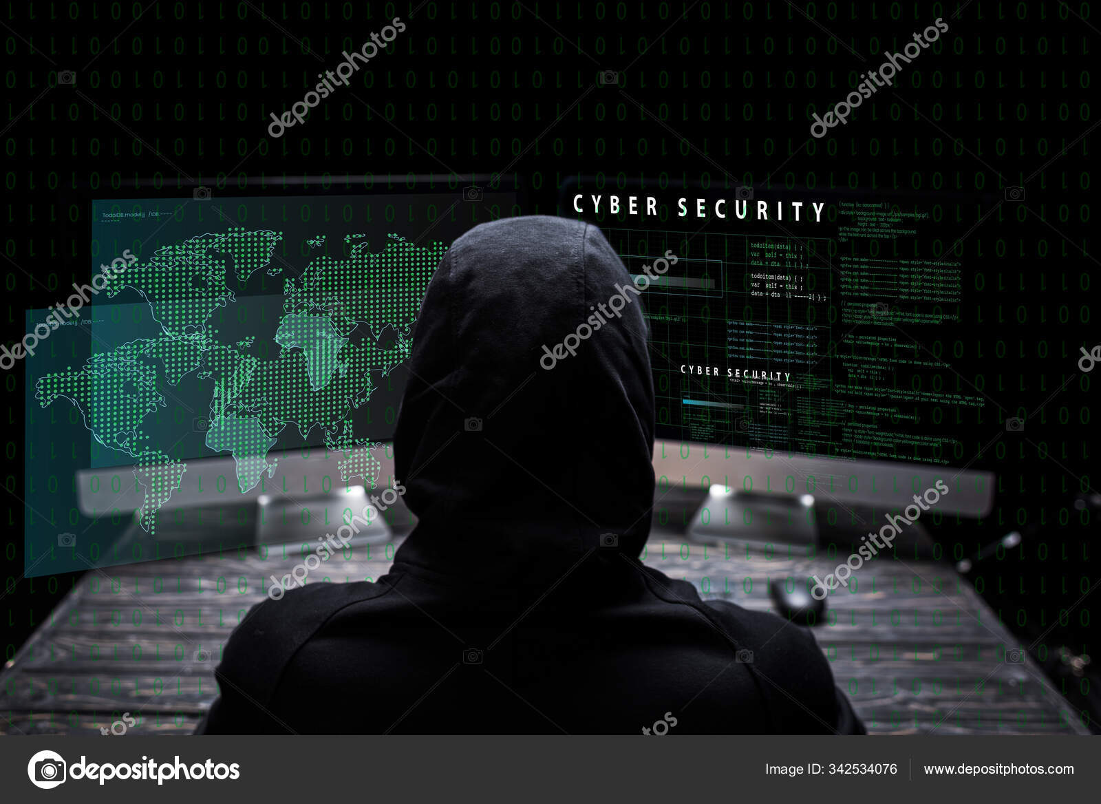Back View Hooded Hacker Sitting Computer Monitors Cyber Security ...