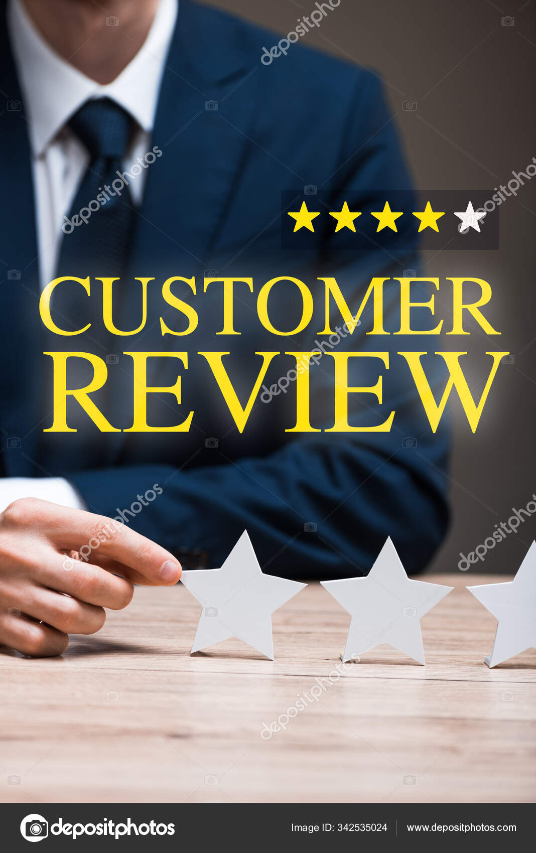 Cropped View Man Formal Wear Touching Star Customer Review Lettering ...