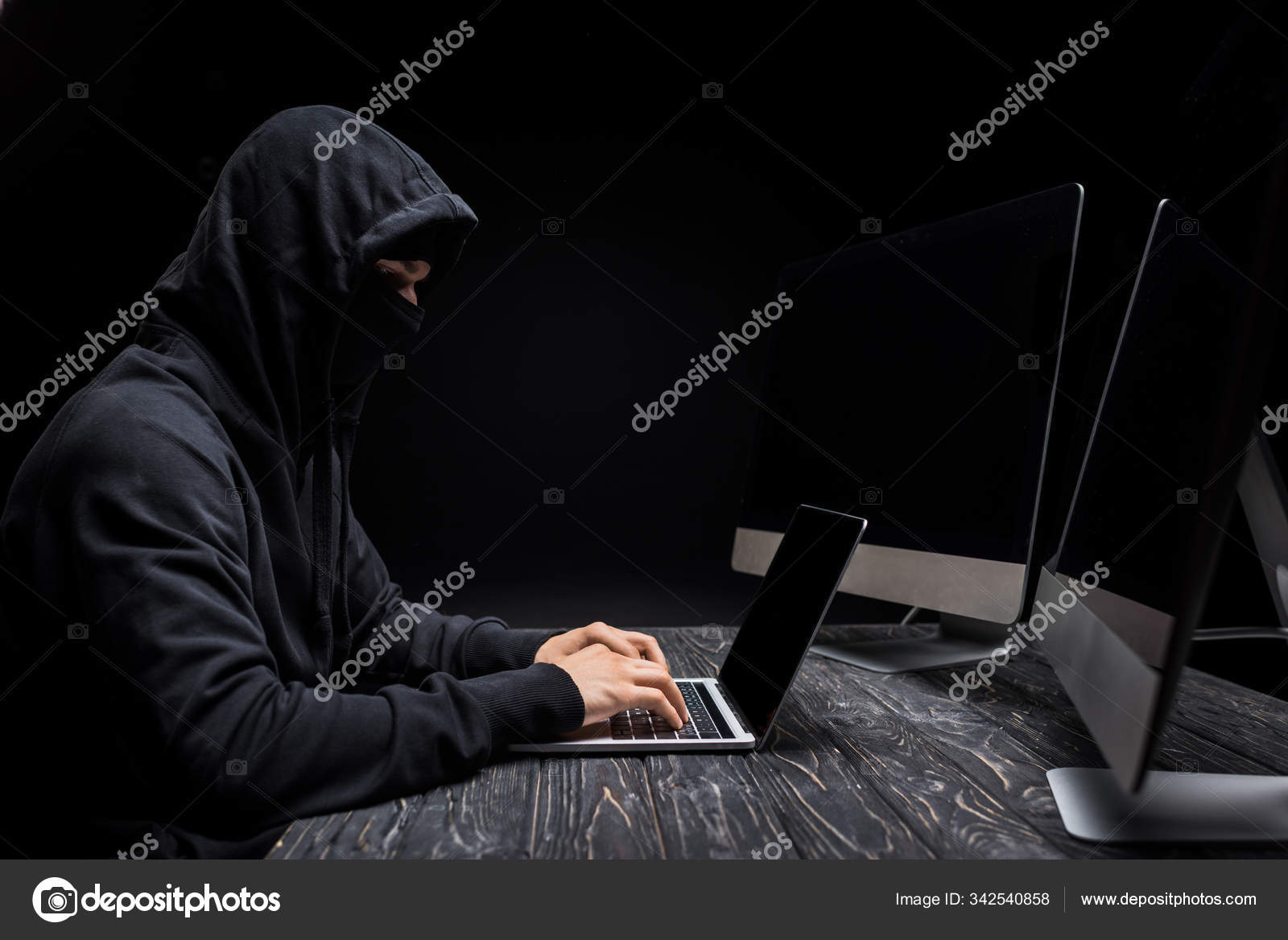 Back View Hooded Hacker Hands Head Computer Monitors Blank Screen Stock ...