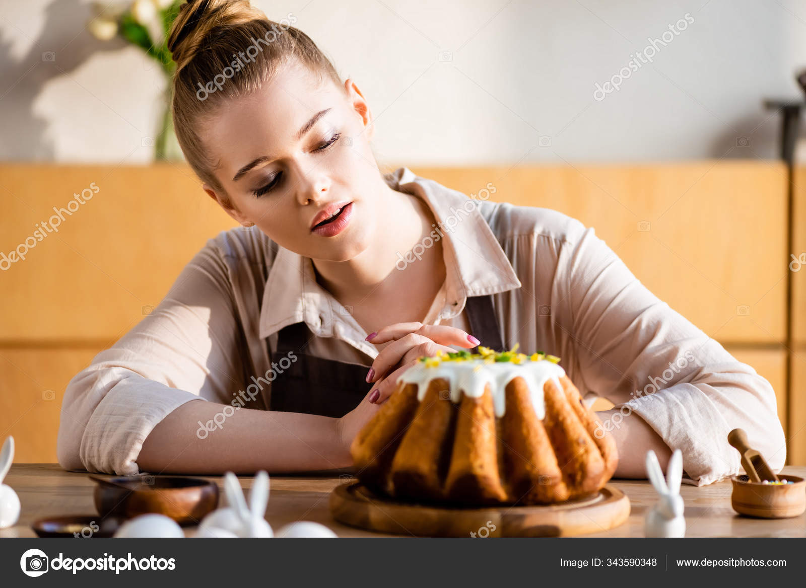 Selective Focus Attractive Girl Looking Tasty Easter Cake — Stock Photo ...