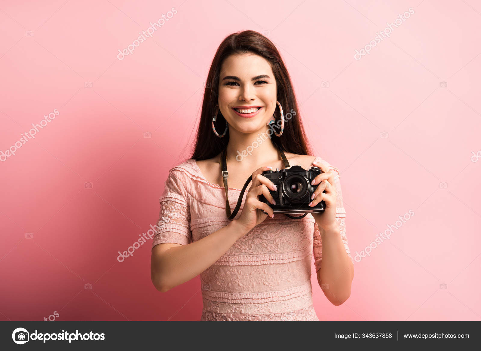 Happy Photographer Smiling While Holding Digital Camera Pink Background ...