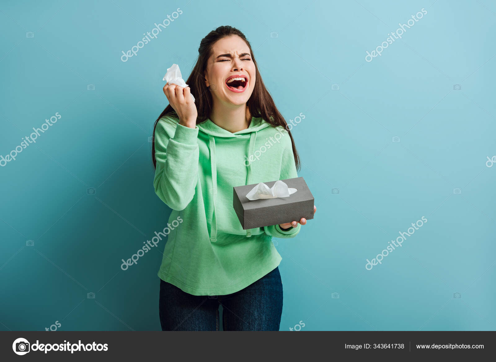 Upset Girl Crying While Holding Paper Napkins Blue Background Stock ...