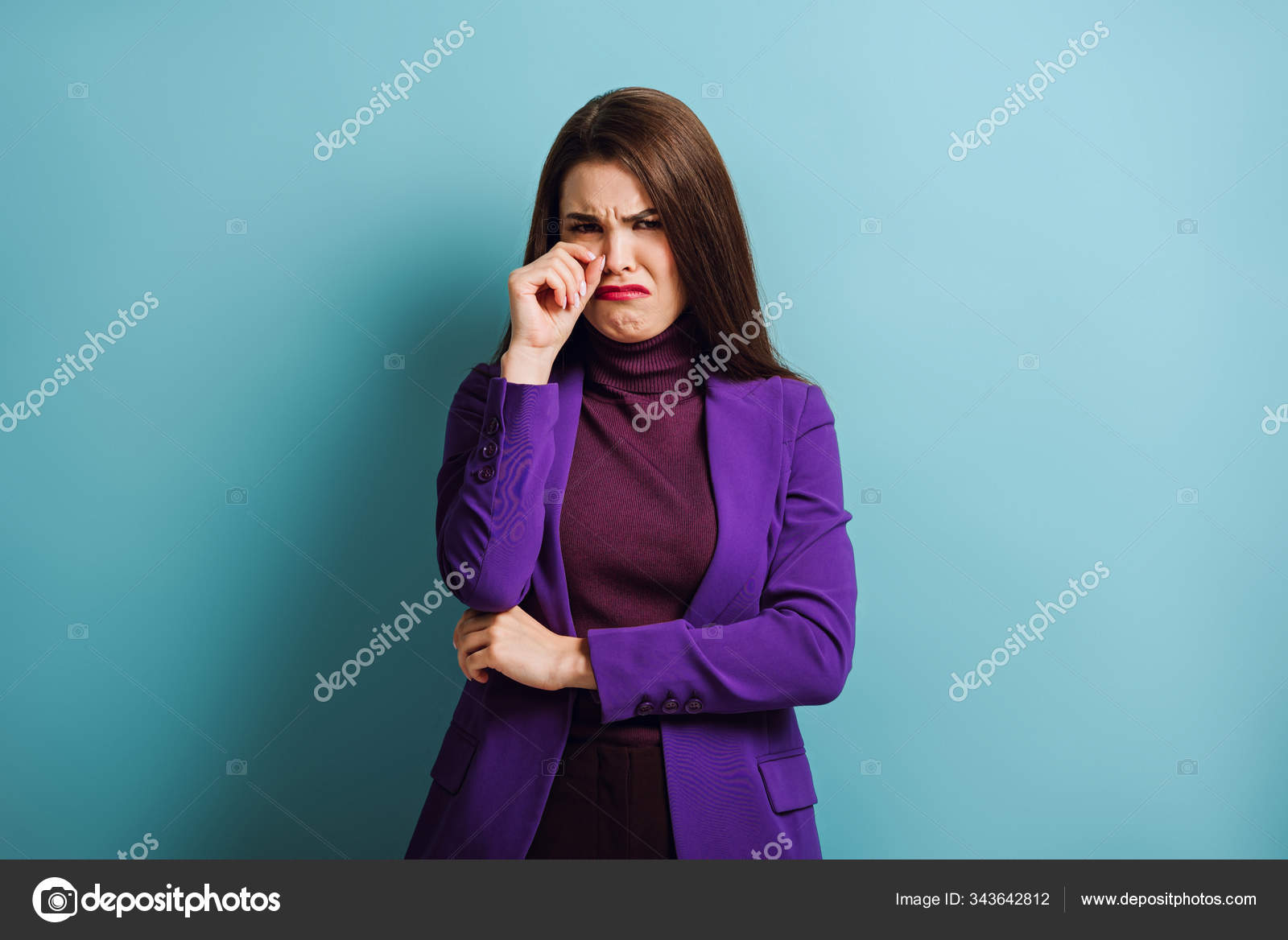 Offended Girl Crying Wiping Tears Hand While Standing Blue Background ...