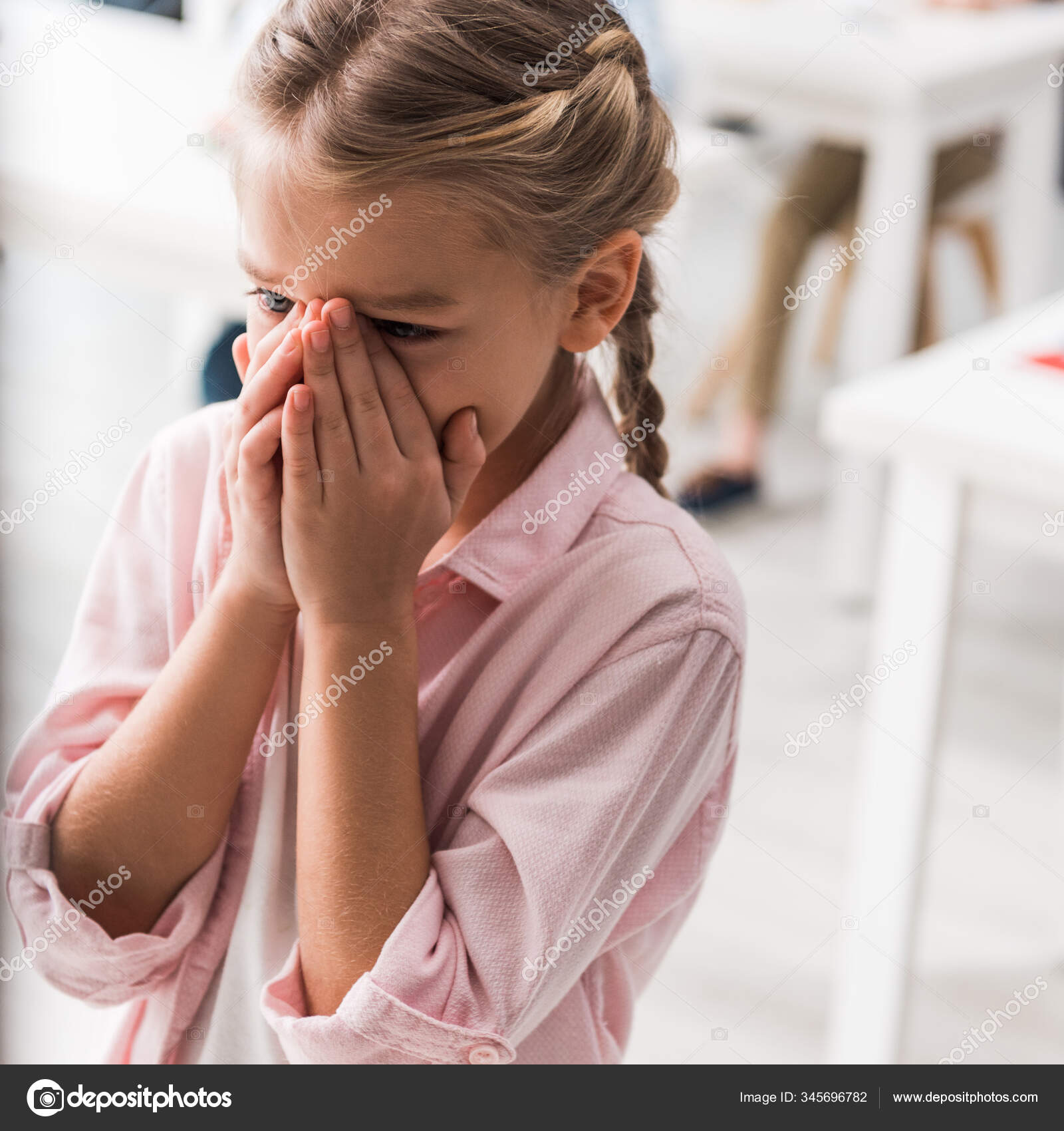 Upset Schoolkid Crying Classroom Bullying Concept Stock Photo by ...