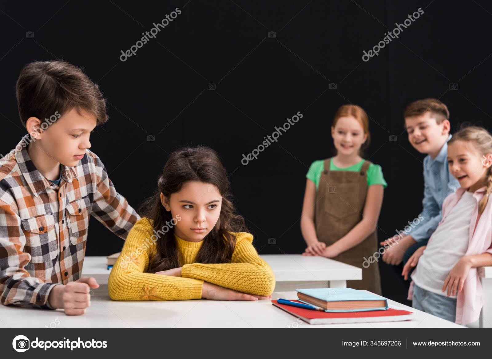 Selective Focus Kind Schoolboy Touching Upset Schoolgirl Smiling ...