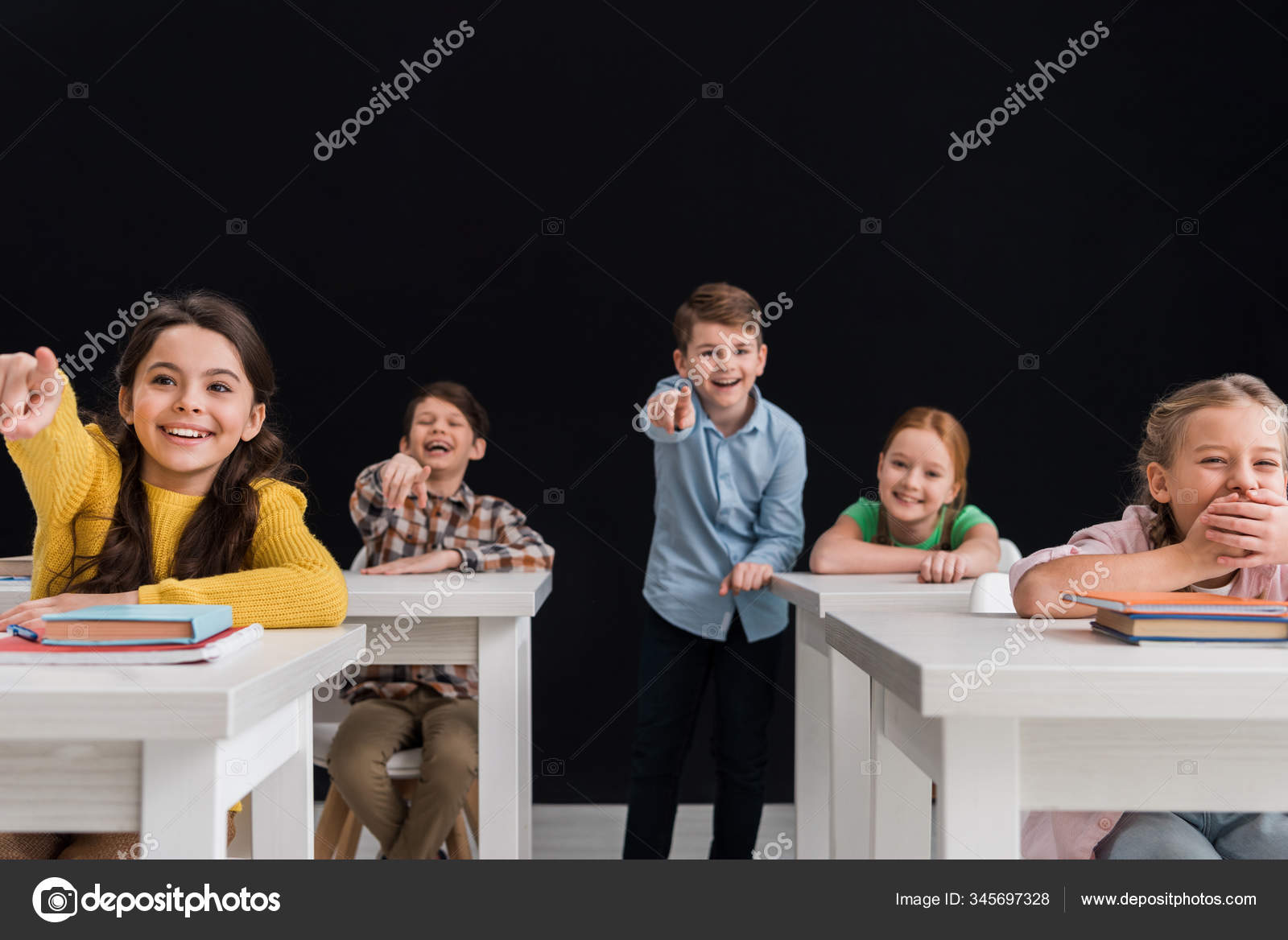 Selective Focus Schoolkids Pointing Fingers Laughing Isolated Black ...