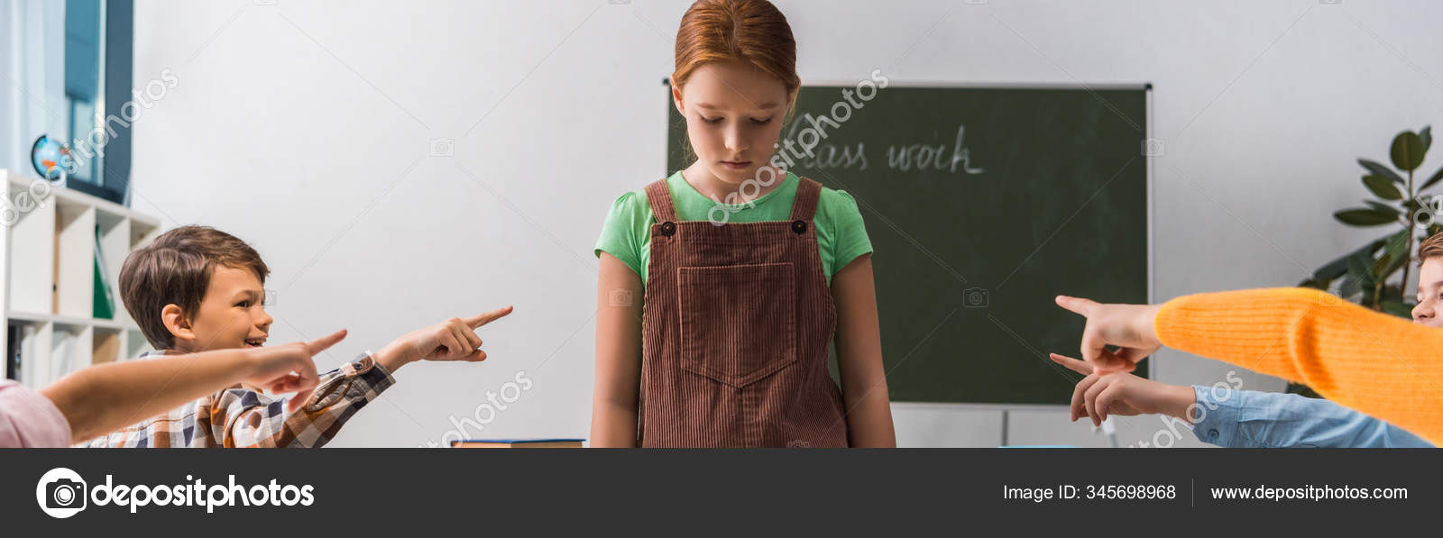 Panoramic Shot Cruel Classmates Pointing Fingers Depressed Bullied ...