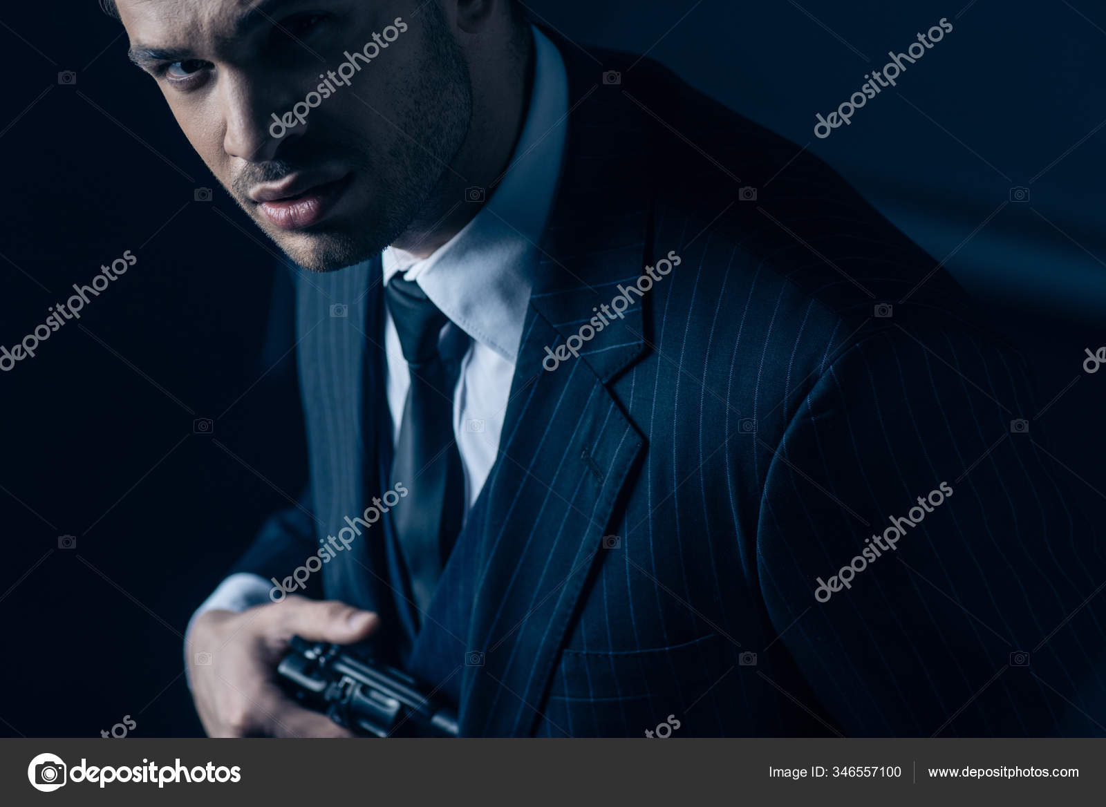 Gangster Revolver Looking Camera Suspicion Dark Background Stock Photo ...