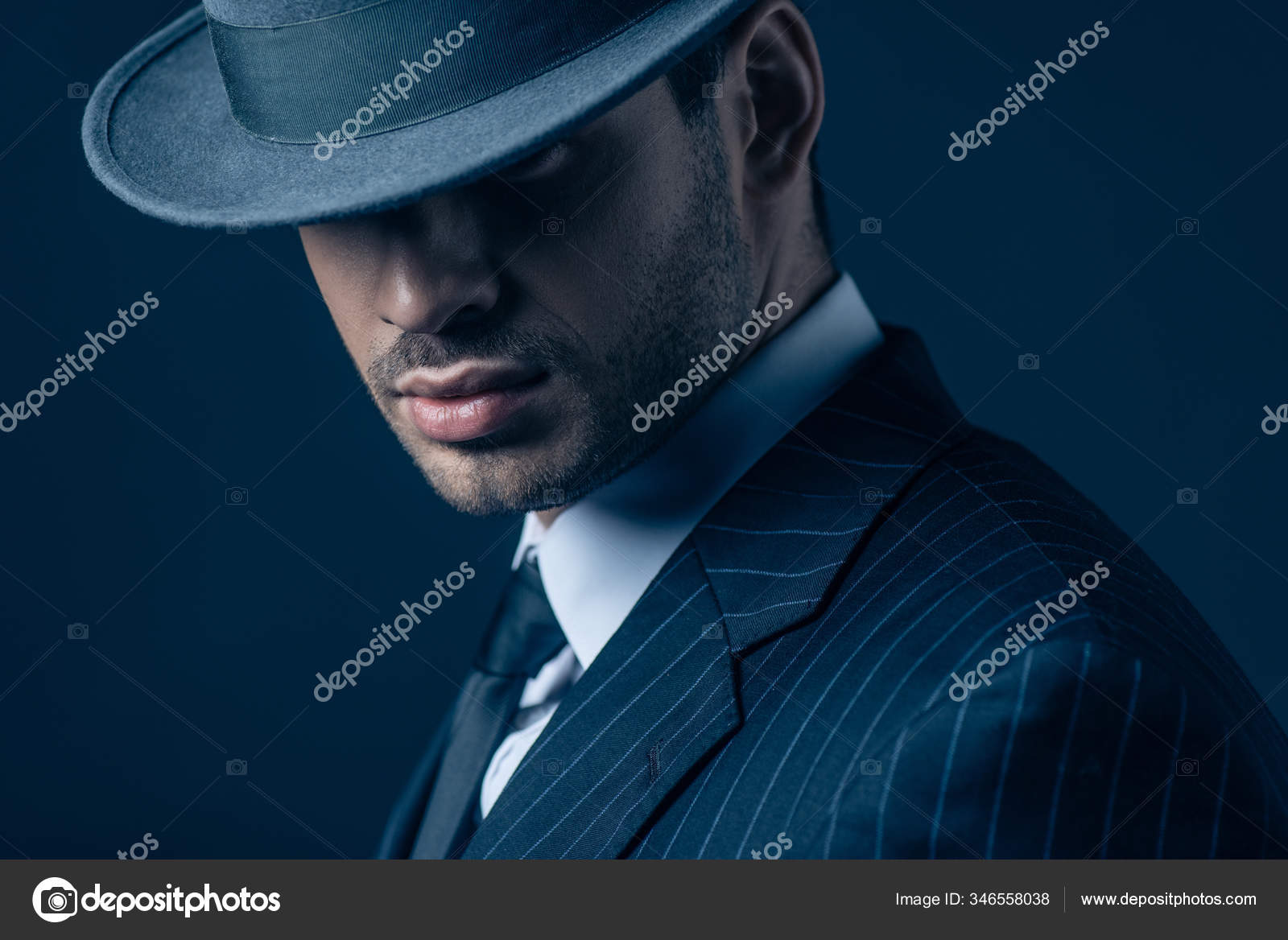 Portrait Mafioso Felt Hat Dark Blue Background Stock Photo by ...