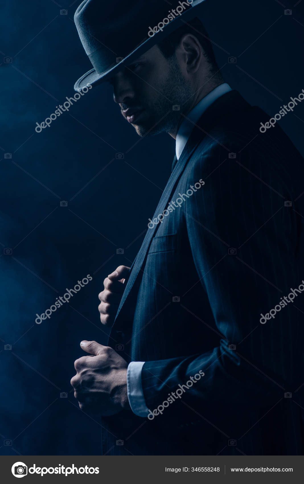 Side View Confident Mafioso Black Suit Felt Hat Dark Background Stock ...