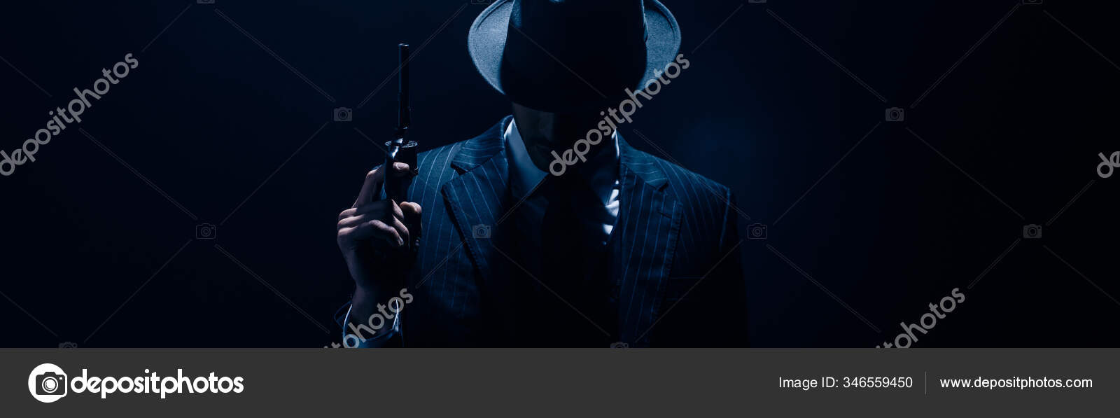 Silhouette Gangster Raising Gun Dark Blue Background Panoramic Shot ...