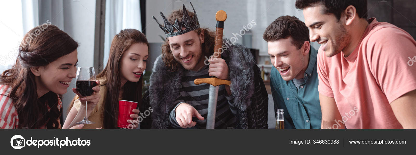 Panoramic Shot Man Costume King Pointing Finger Cheerful Friends ...