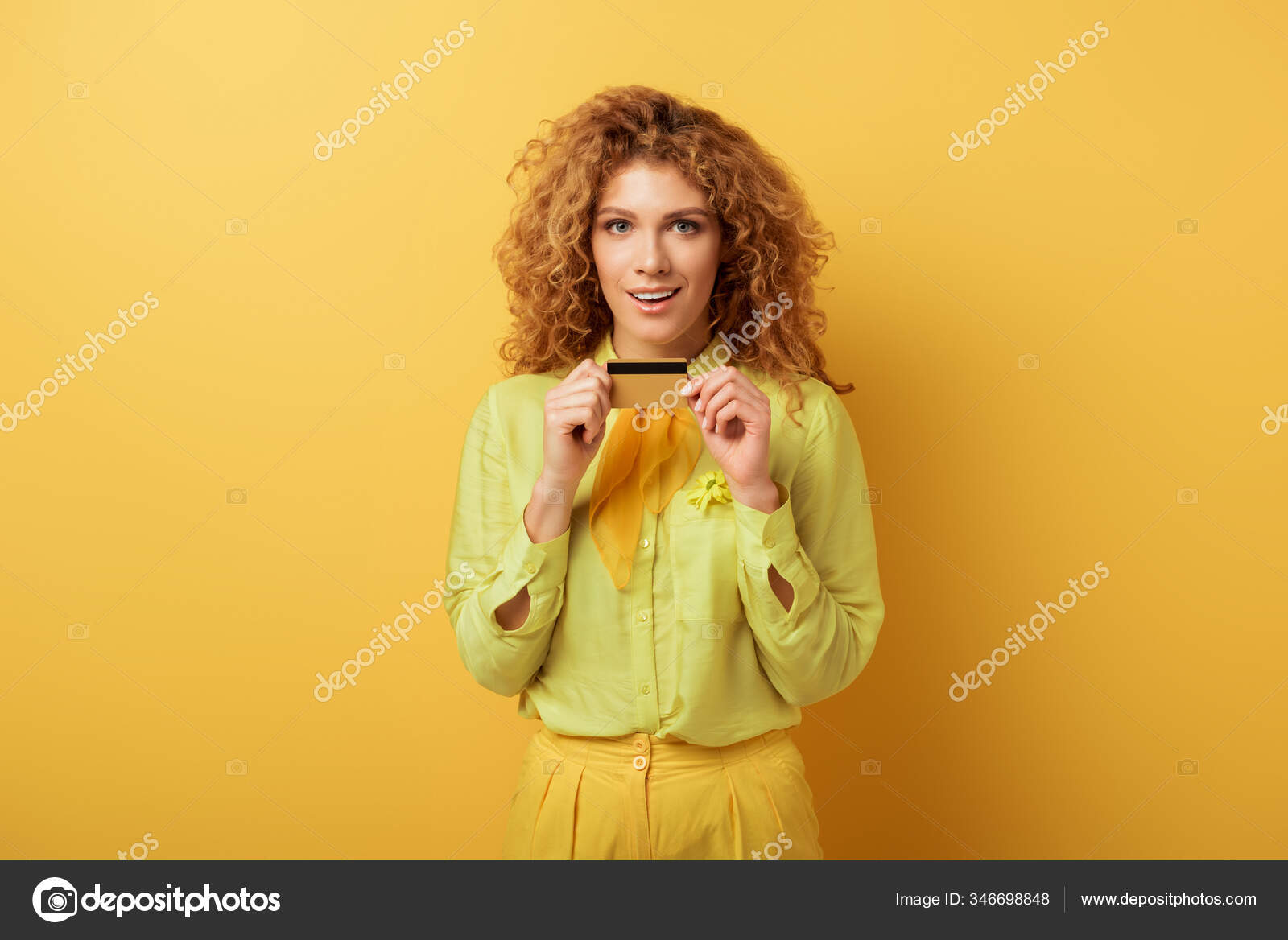 Positive Redhead Girl Holding Credit Card Yellow — Stock Photo ... Positive Redhead Girl Holding Credit Card Yellow — Stock Photo ...
