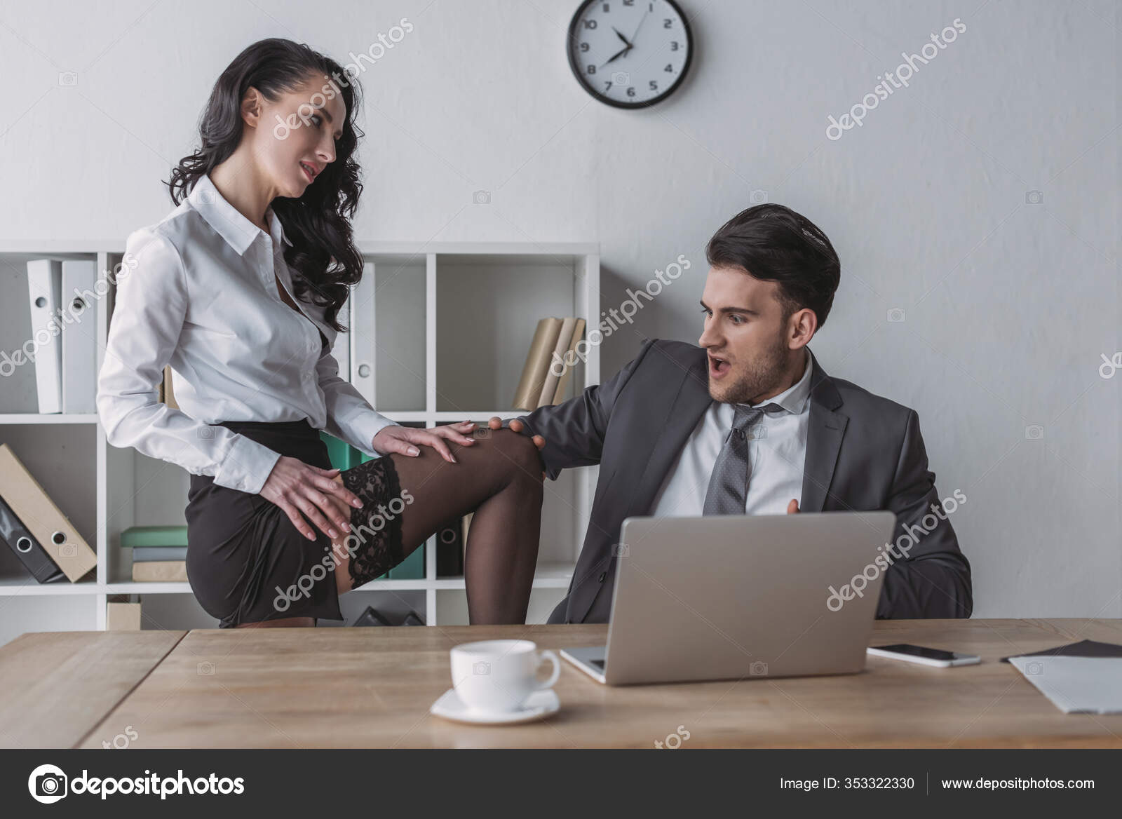 Excited Businessman Touching Leg Sexy Secretary Seducing Him Office