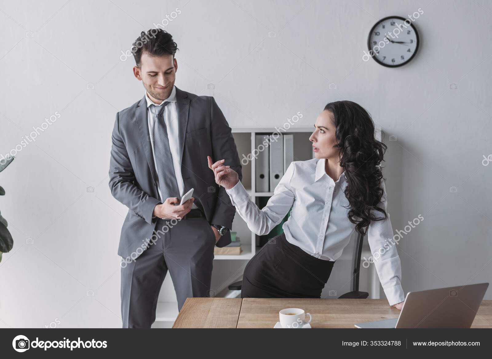 Angry Secretary Showing Indignation Gesture Businessman Taking Her ...