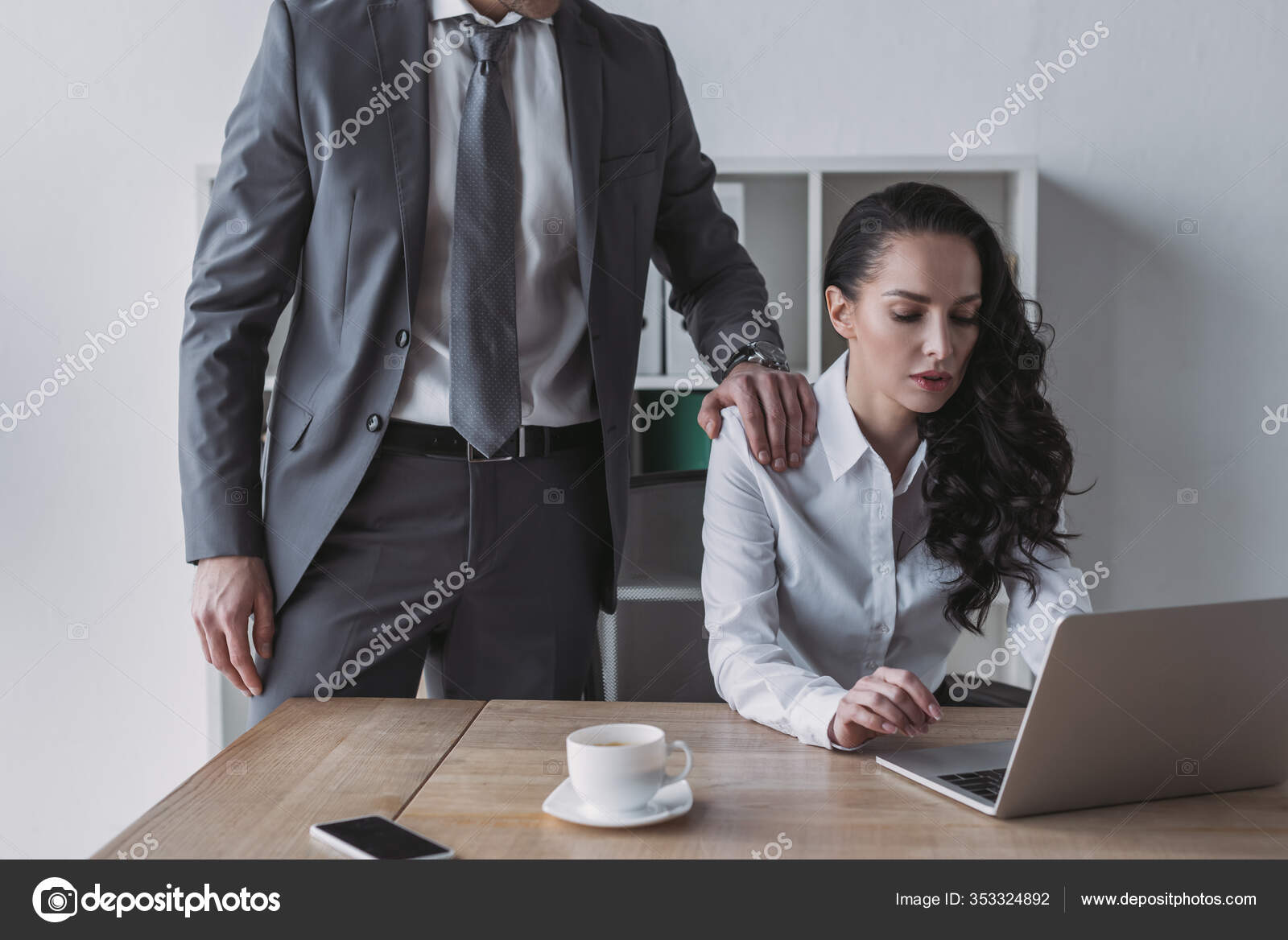 Cropped View Businessman Touching Shoulder Secretary Working Laptop ...