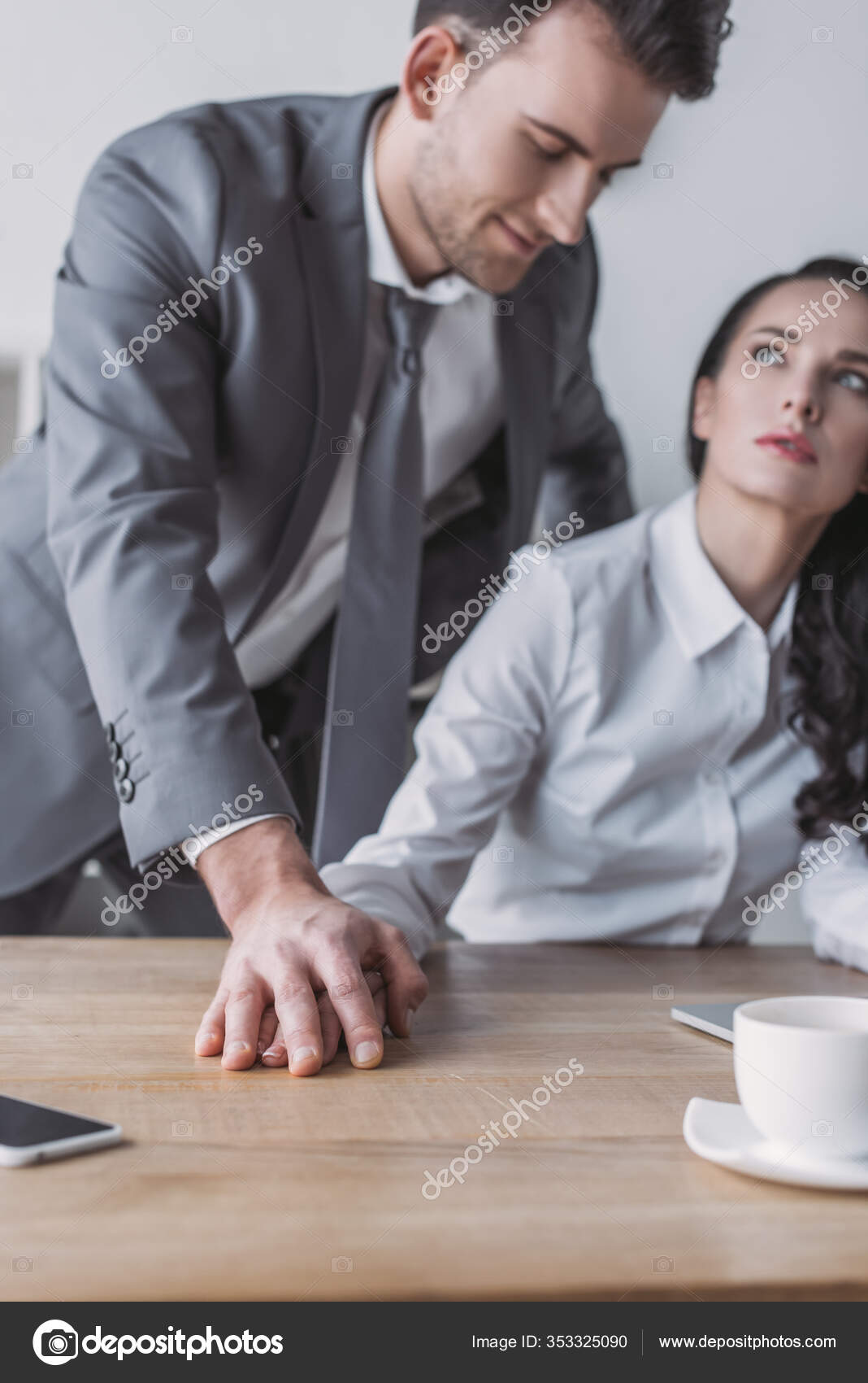 Selective Focus Handsome Businessman Touching Hand Displeased Secretary