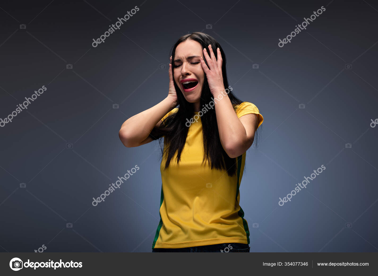 Stressed Attractive Young Woman Crying Holding Head Grey Stock Photo by ...