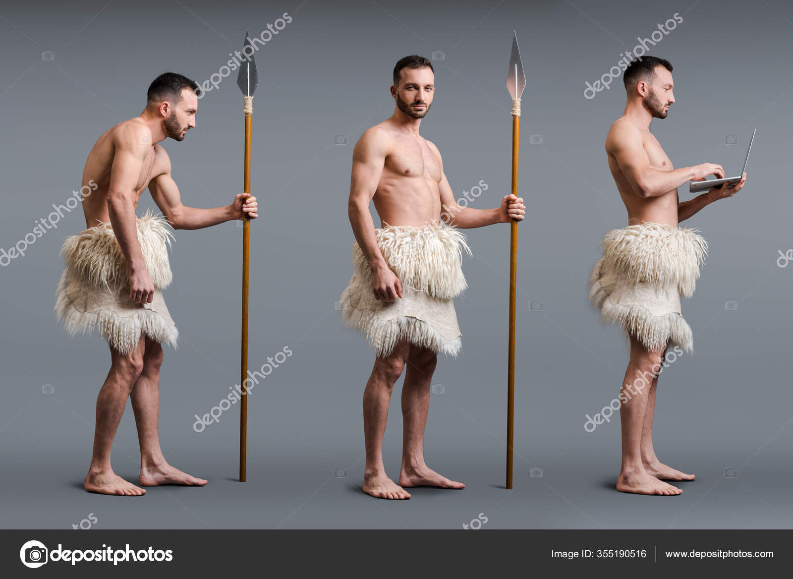 Collage Muscular Caveman Spear Laptop Grey Evolution Concept — Stock ...