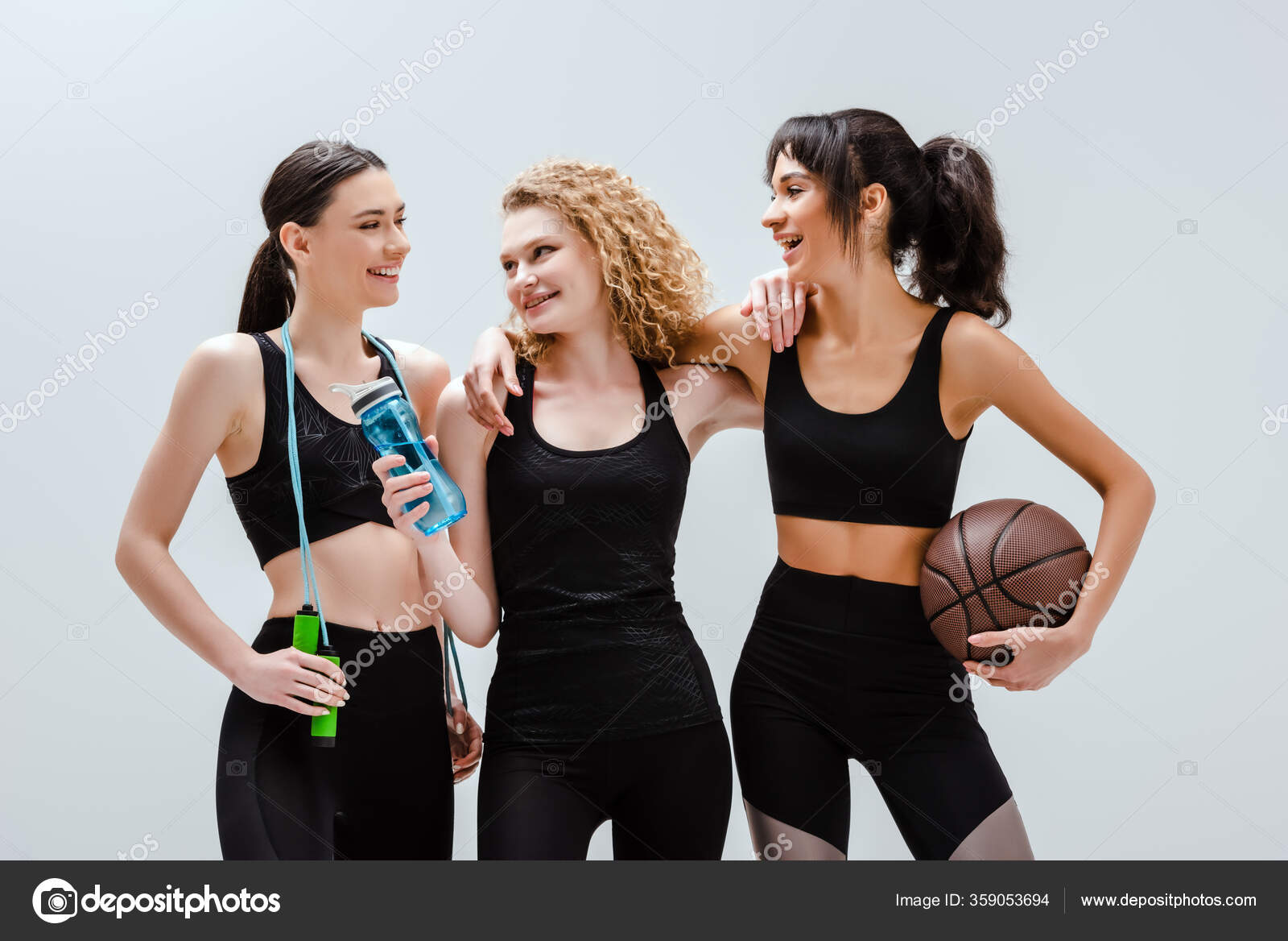 Cheerful Multicultural Girls Standing Sport Equipment Isolated White ... Cheerful Multicultural Girls Standing Sport Equipment Isolated White ...