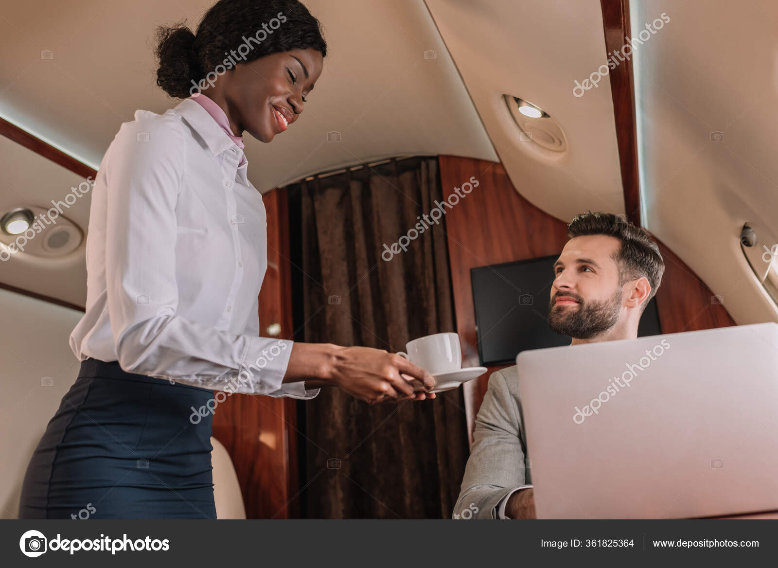 Smiling African American Stewardess Giving Cup Coffee Handsome ...