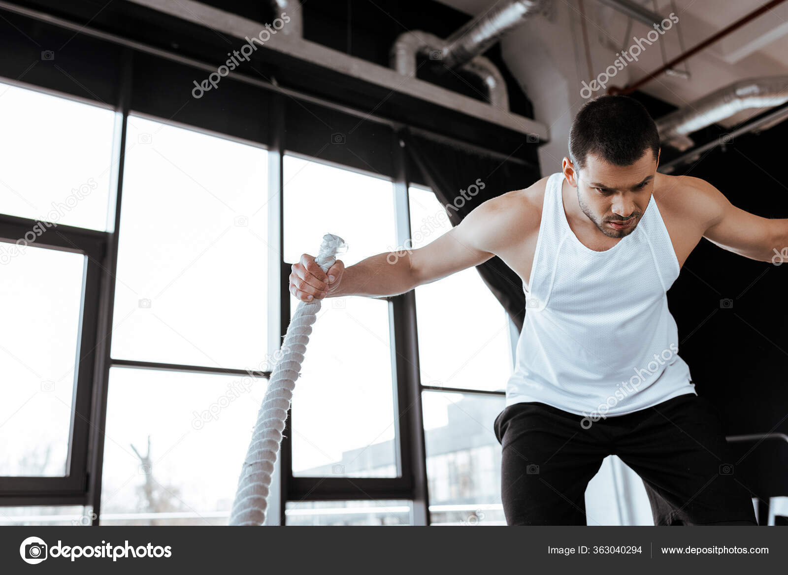 Concentrated Man Exercising Battle Rope Gym — Stock Photo ...