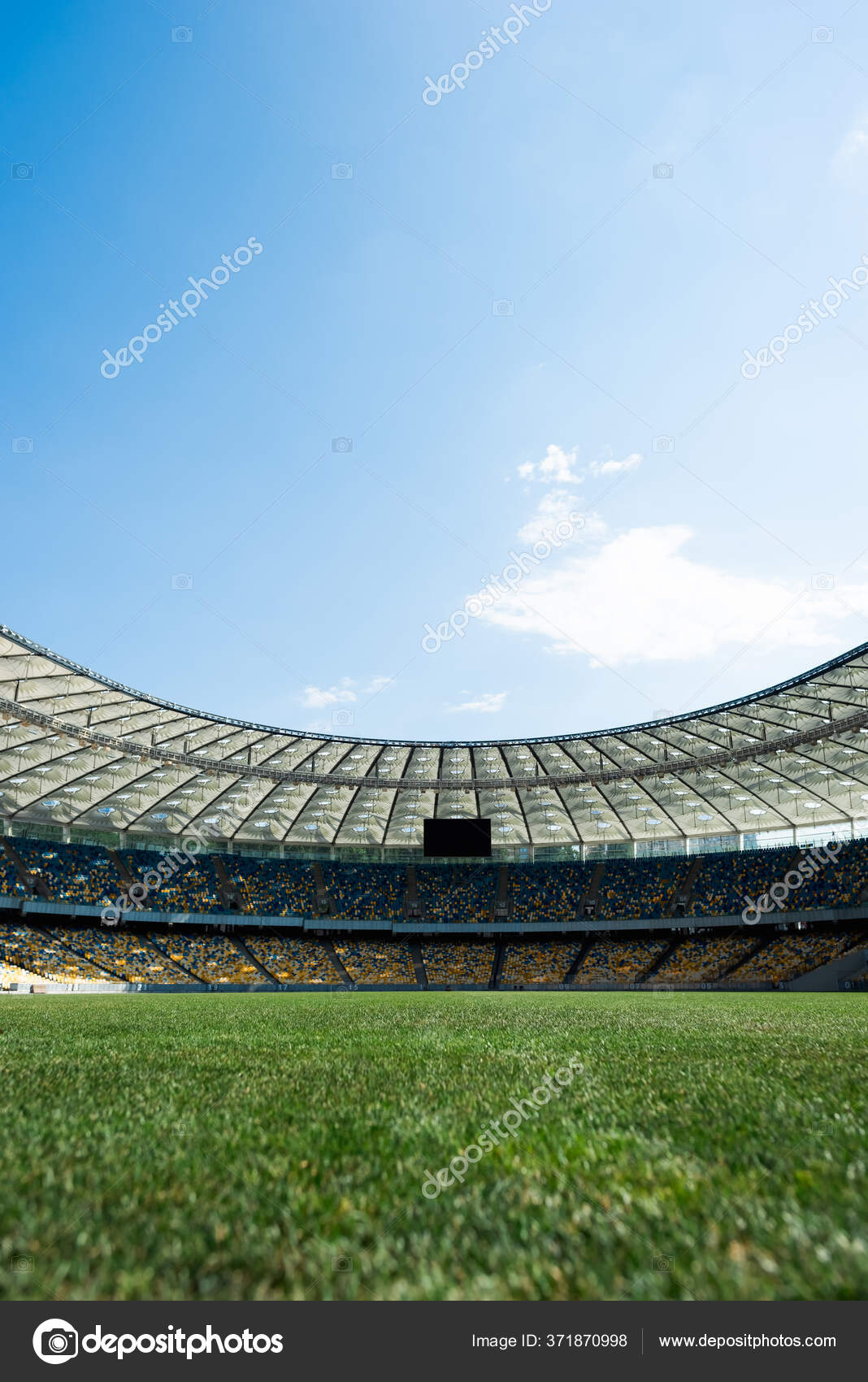 Grassy Football Pitch Stadium Sunny Day Blue Sky Stock Photo by ...