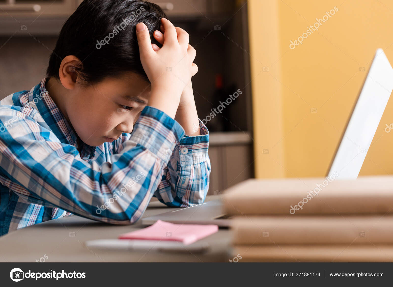 Sad Asian Boy Studying Online Laptop Home Quarantine — Stock Photo ...