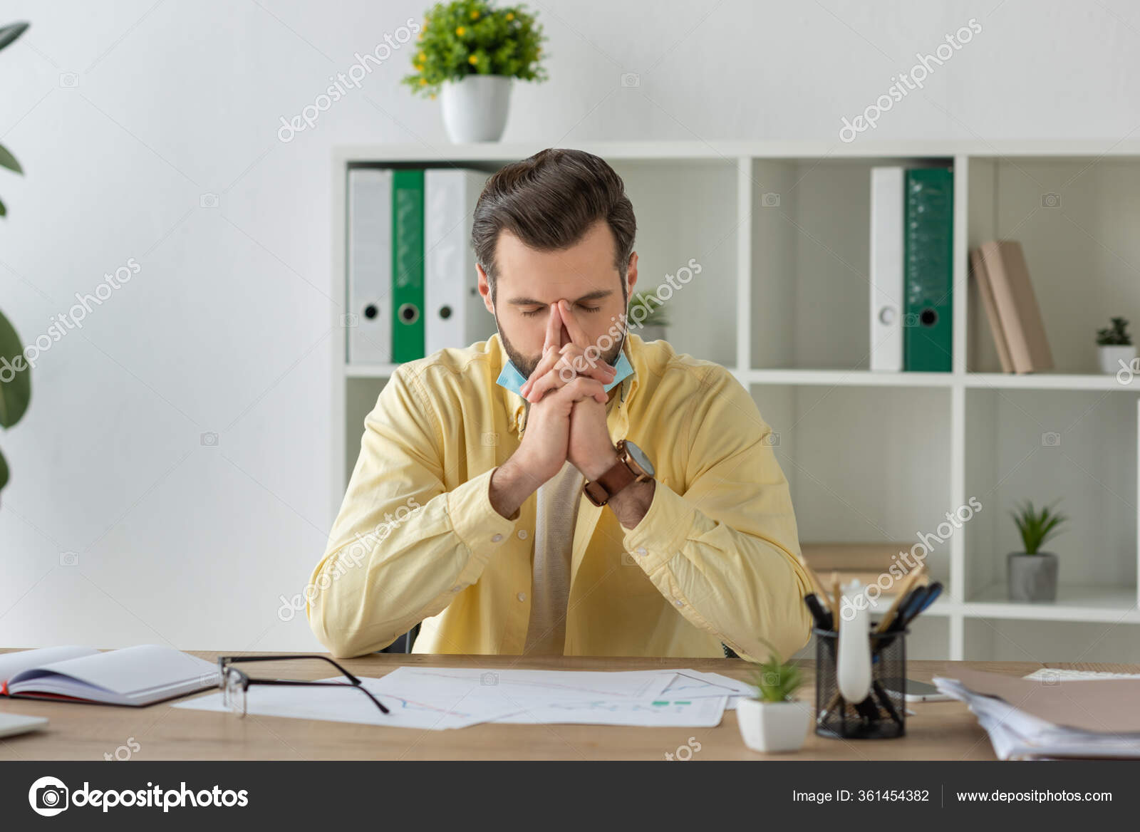 Depressed Businessman Sitting Workplace Documents Closed Eyes — Stock ...