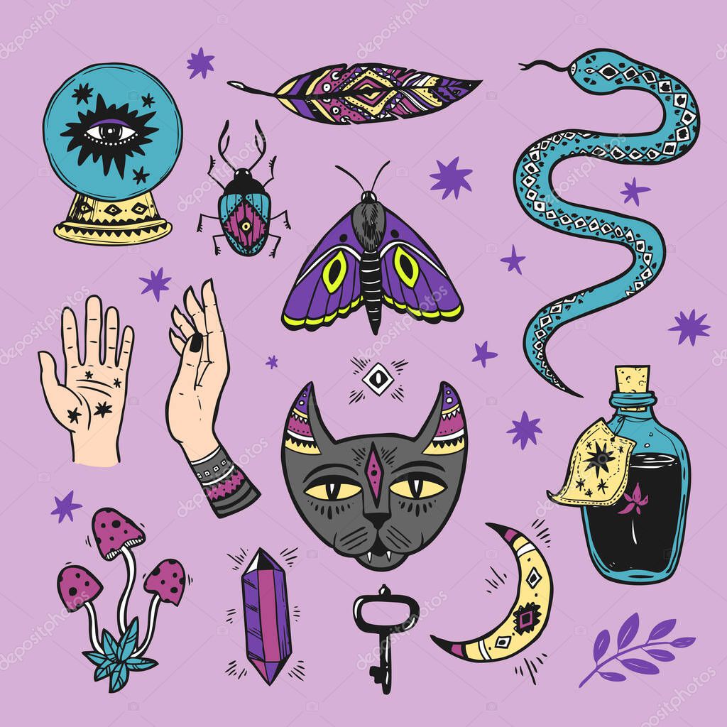 Elementos mágicos. Dibujado a mano vector conjunto de símbolo sagrado. 2023