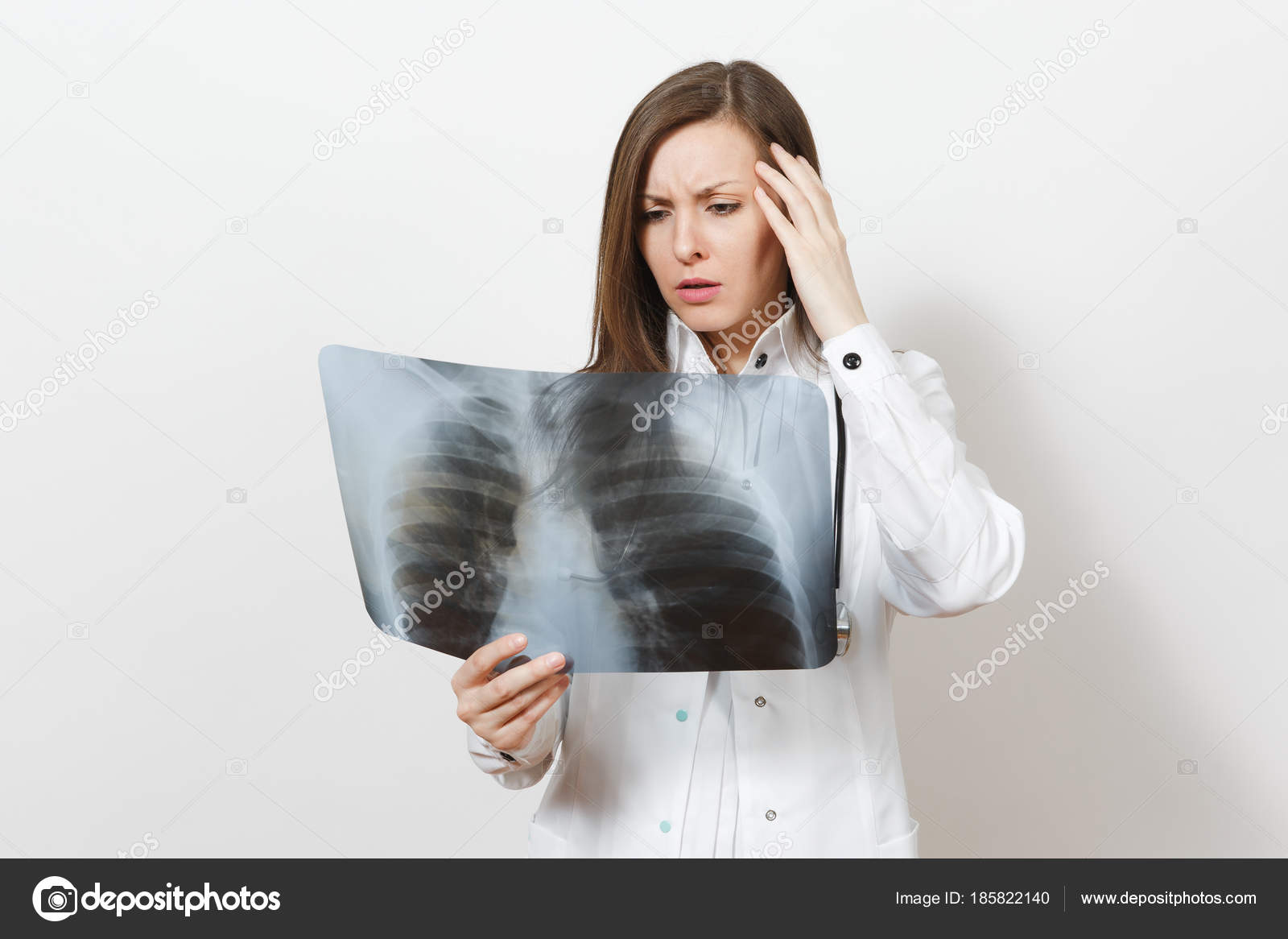 Perplexed focused doctor woman with X-ray of lungs, fluorography ...