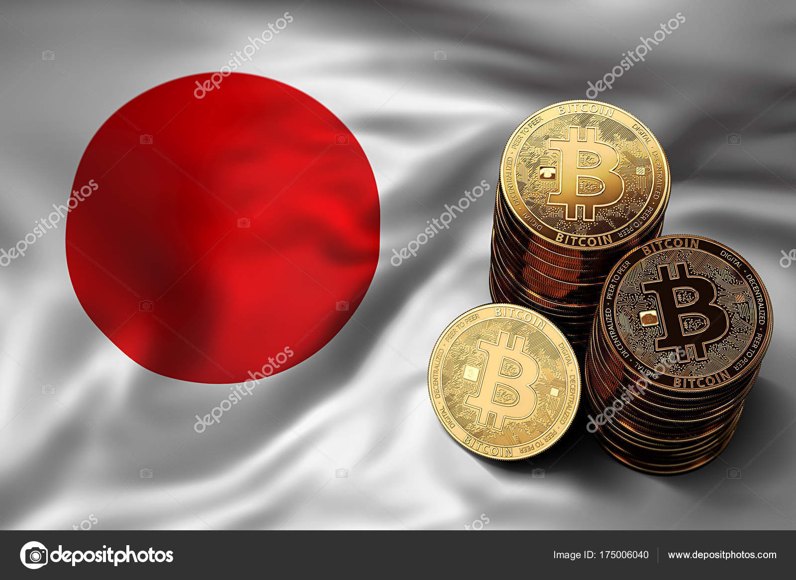 Stack of Bitcoin coins on Japanese flag. Situation of Bitcoin and other ...