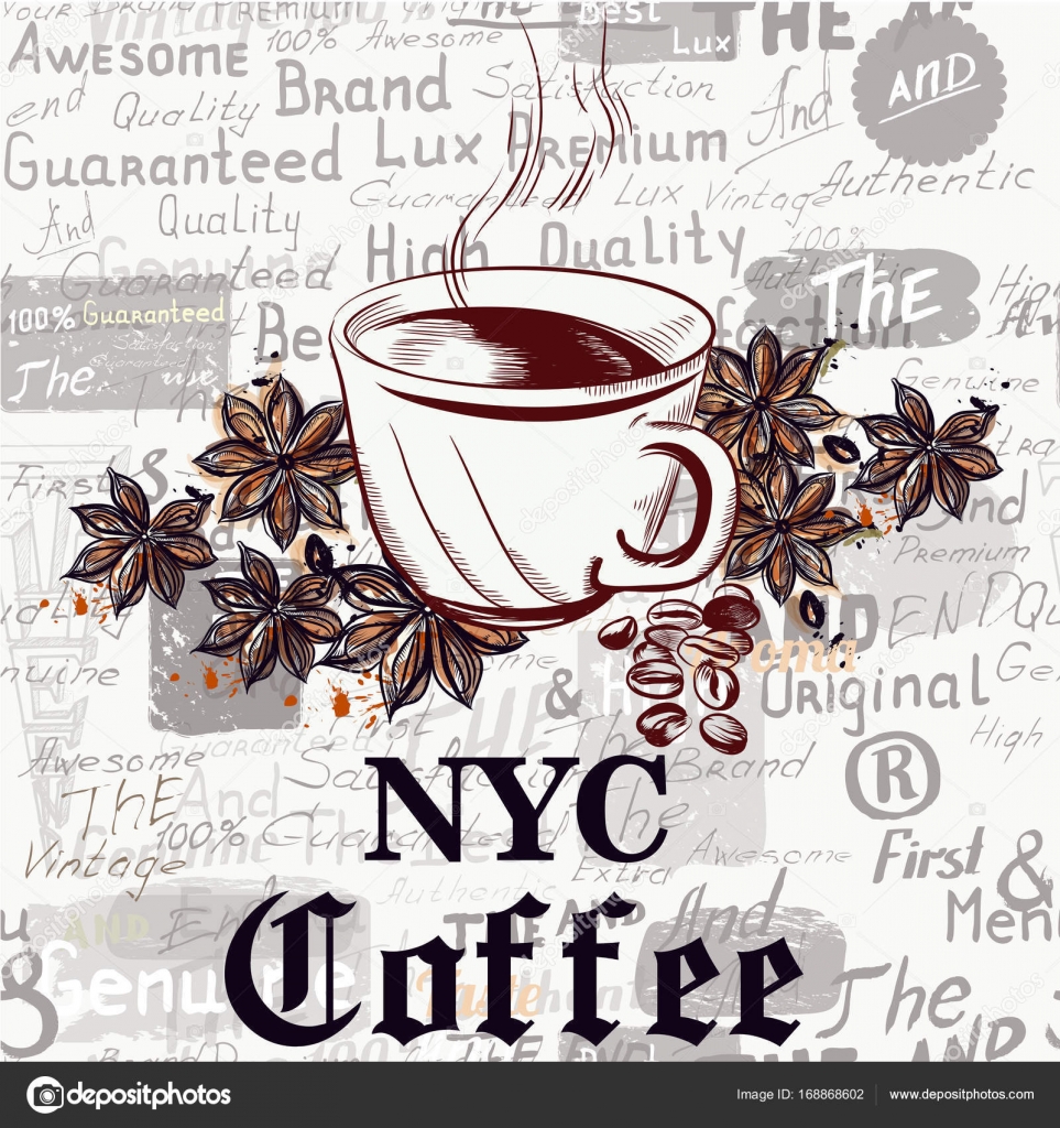 Coffee vector poster background with engraved coffee cups, grain Stock ...