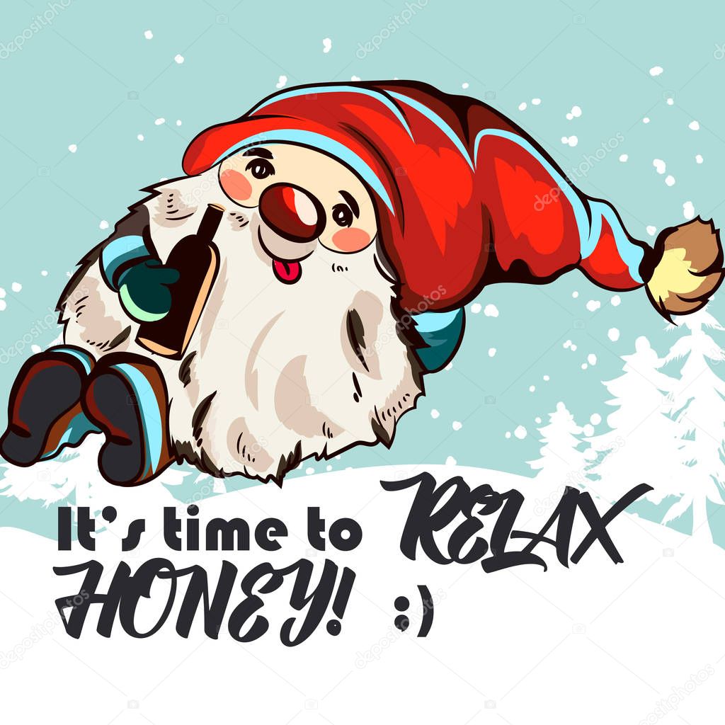 Ilustración del humor enano sosteniendo una botella de cerveza. Es hora ...