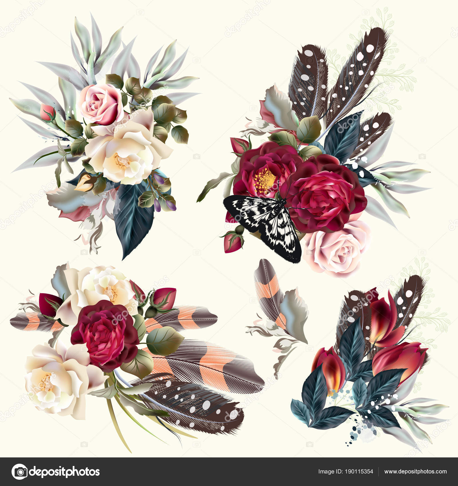Boho fashion collection of vector flowers with feathers ⬇ Vector Image ...