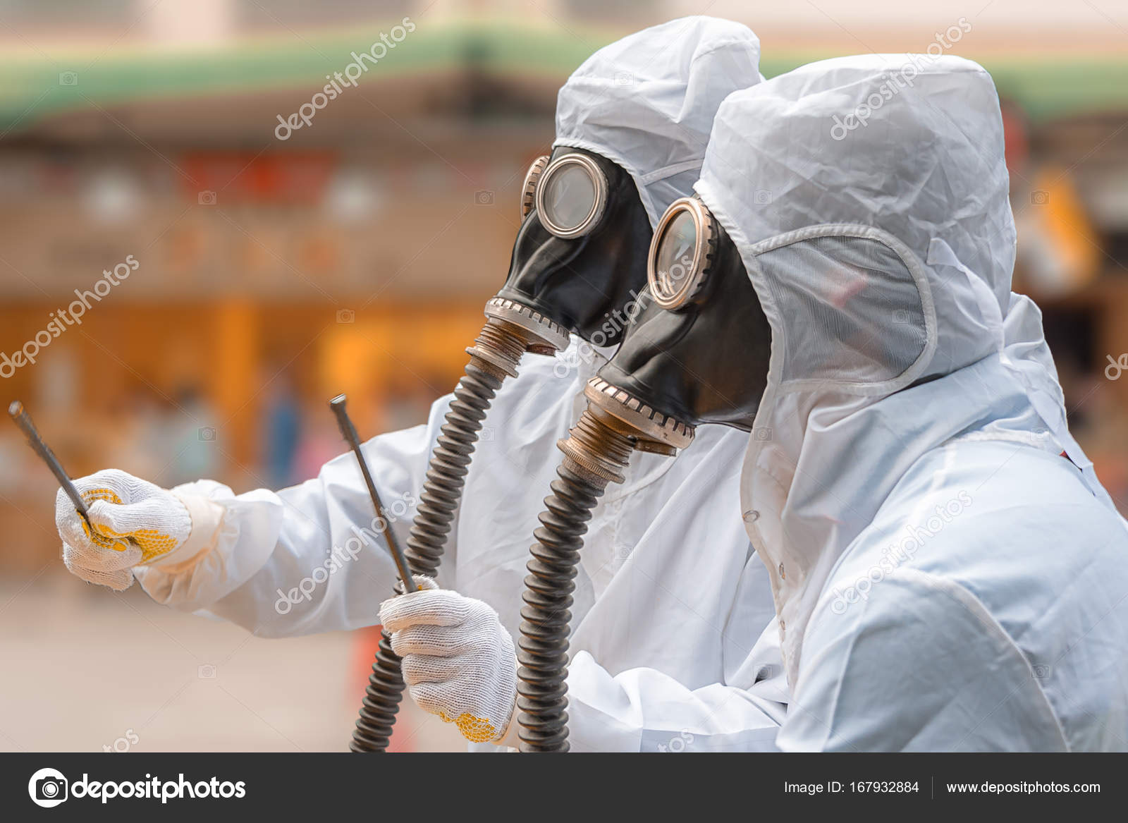 Two men in bio-hazard suits and gas masks. — Stock Photo ...
