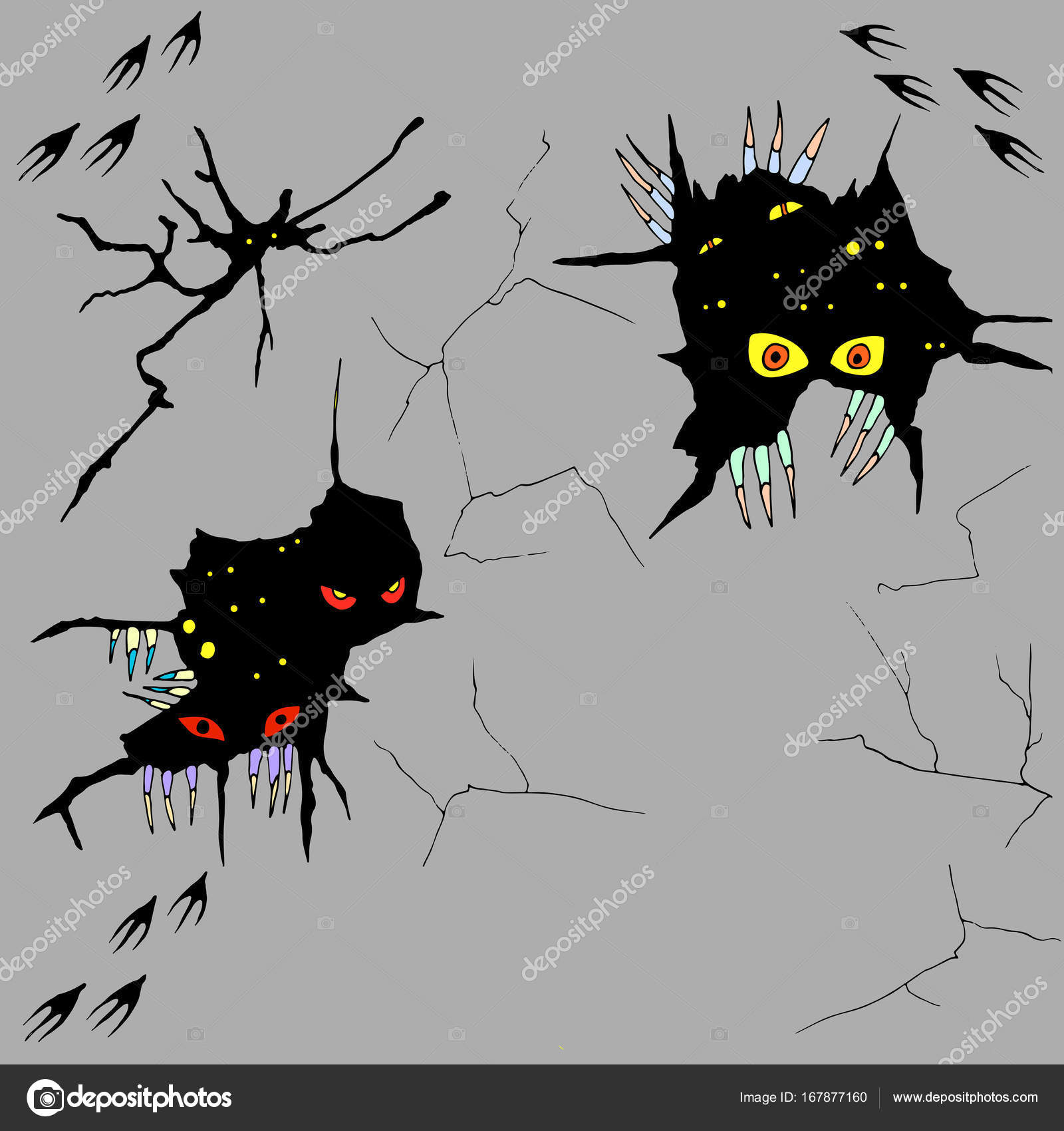 Hand drawn monsters peeping out of cracks in the wall,vector hal Stock ...