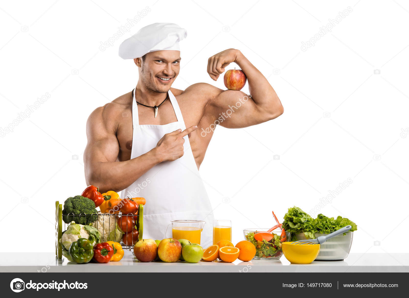 Man bodybuilder cook with apple on biceps Stock Photo by ©tankist276 ...